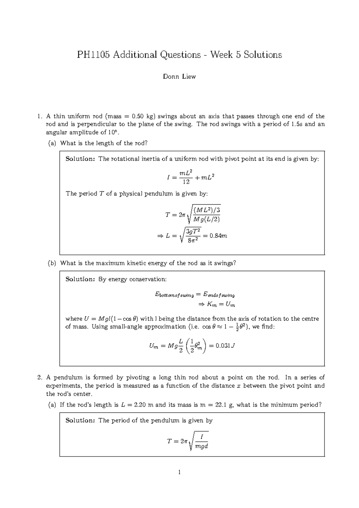 Week 5 solutions - Tutorial answers - PH1105 Additional Questions ...
