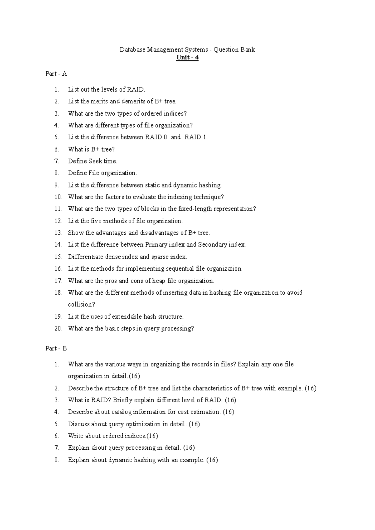 Database Management Systems (DBMS) QB Unit 4: RAID & File Organization ...