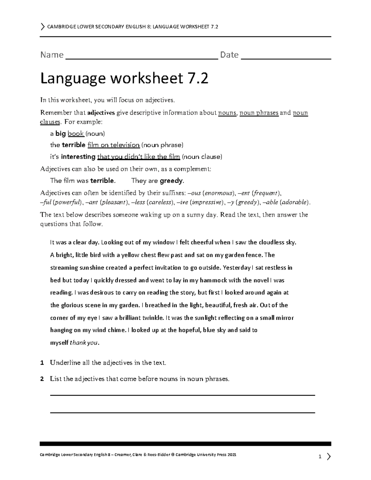 adjectives grade 8 - CAMBRIDGE LOWER SECONDARY ENGLISH 8: LANGUAGE ...