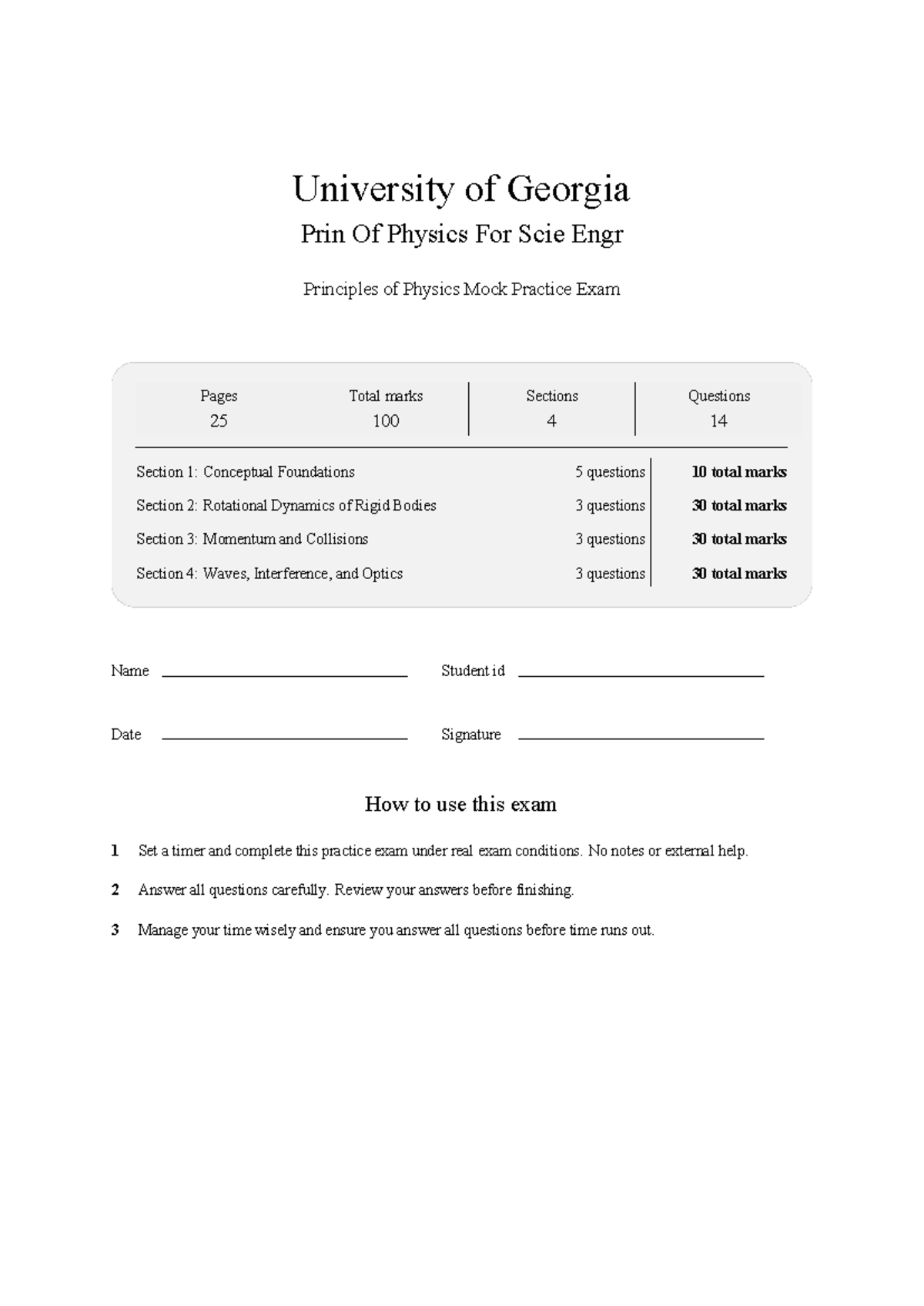 PHYS 1211 Principles of Physics Mock Practice Exam 2026 - Studocu