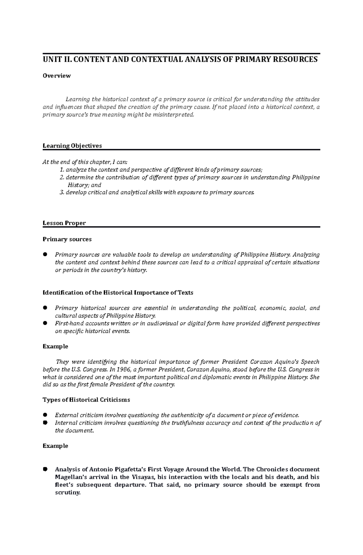 UNIT 2. Content AND Contextual Analysis OF Primary Resources - UNIT II ...