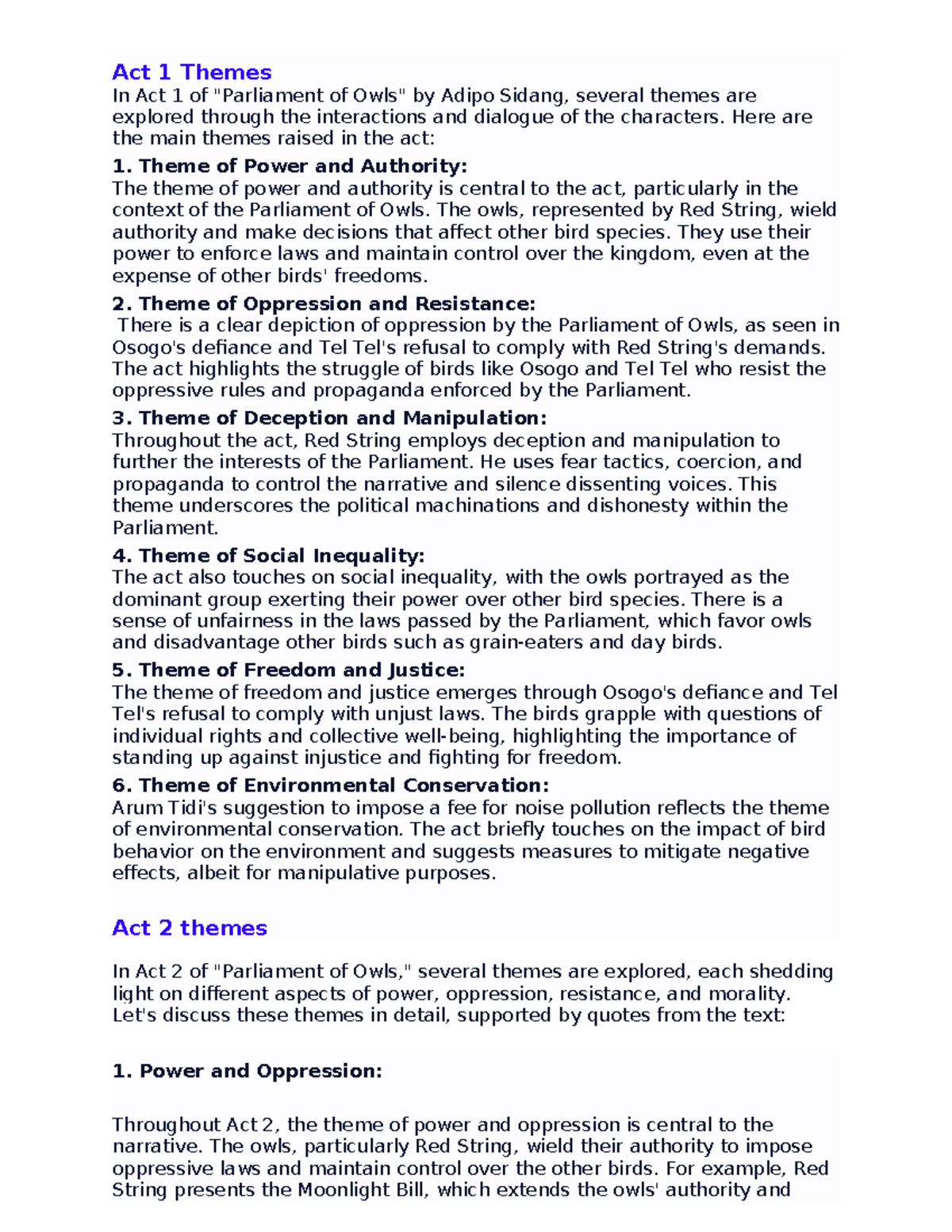 Act Themes Analysis in "Parliament of Owls" - Kenya - Studocu
