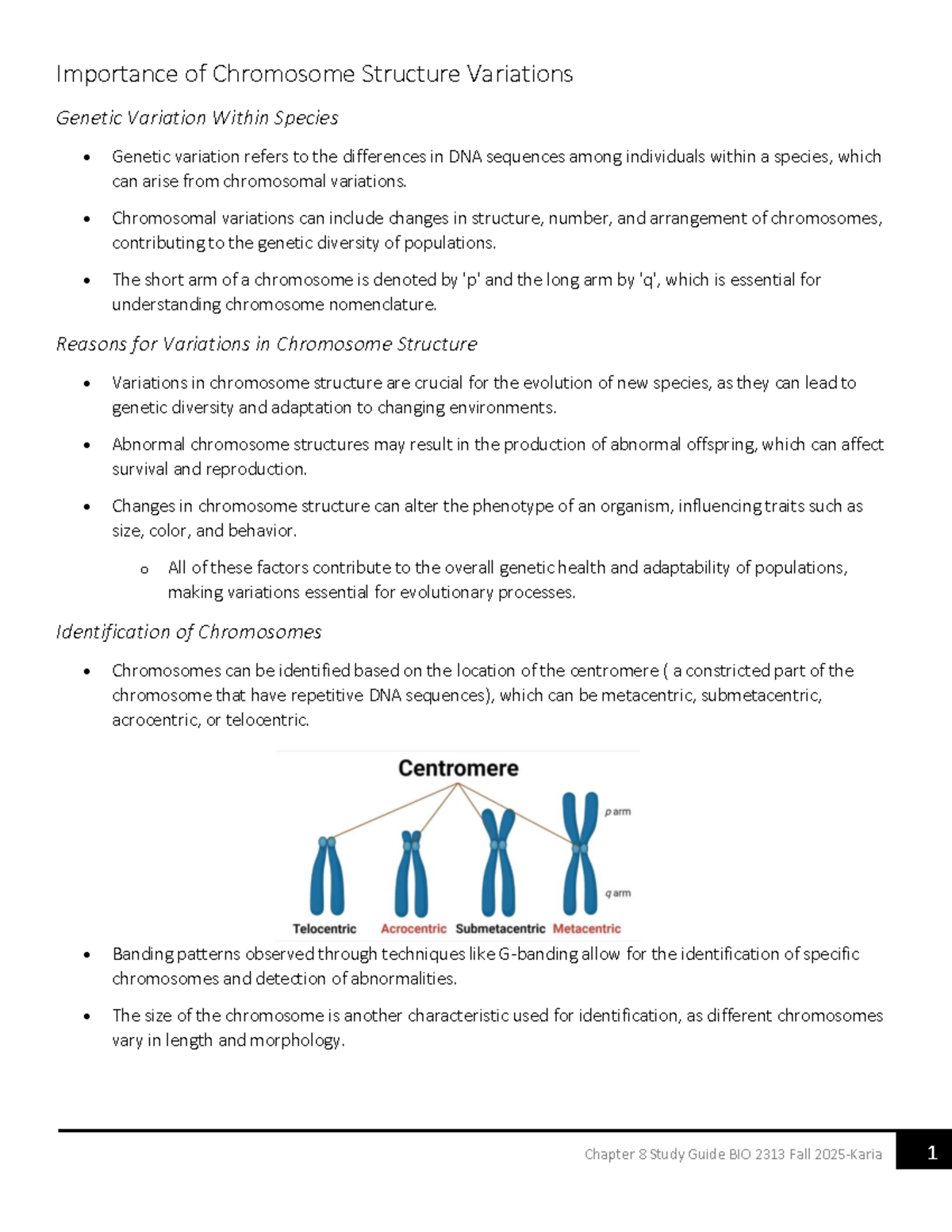 Chapter 8 Study Guide: Chromosomal Variations & Genetic Disorders - BIO ...