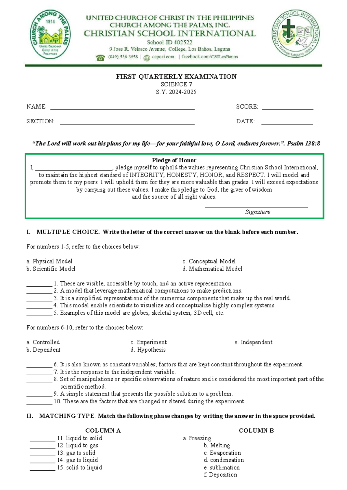 1st Quarter Exam Science 7 - Practice Questions and Answers - Studocu