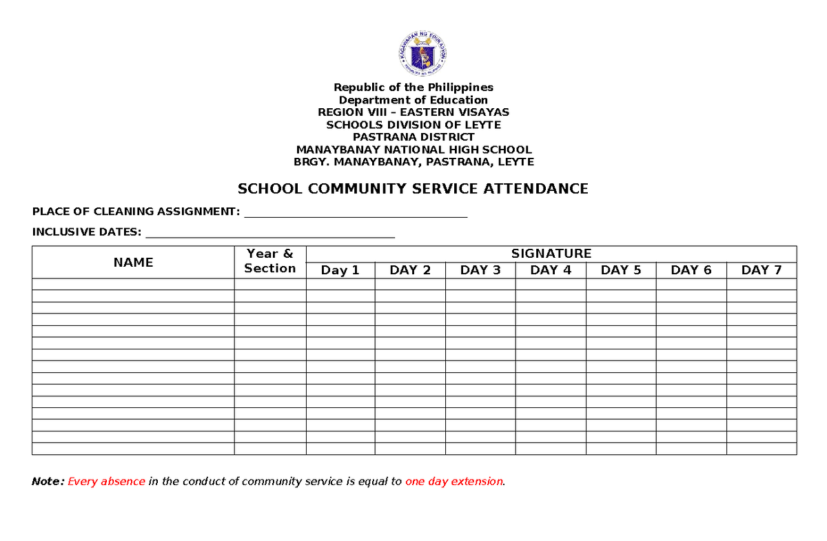 School Community Service Attendance - Republic of the Philippines ...