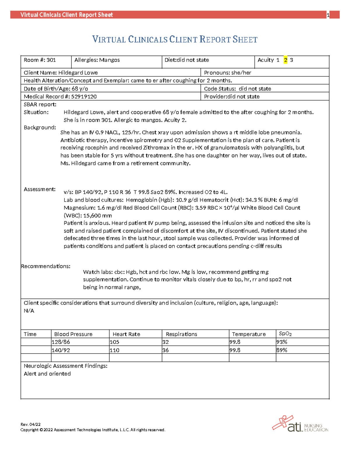 Med Surg Virtual Clinicals Client Report 1 for Swift River - Studocu