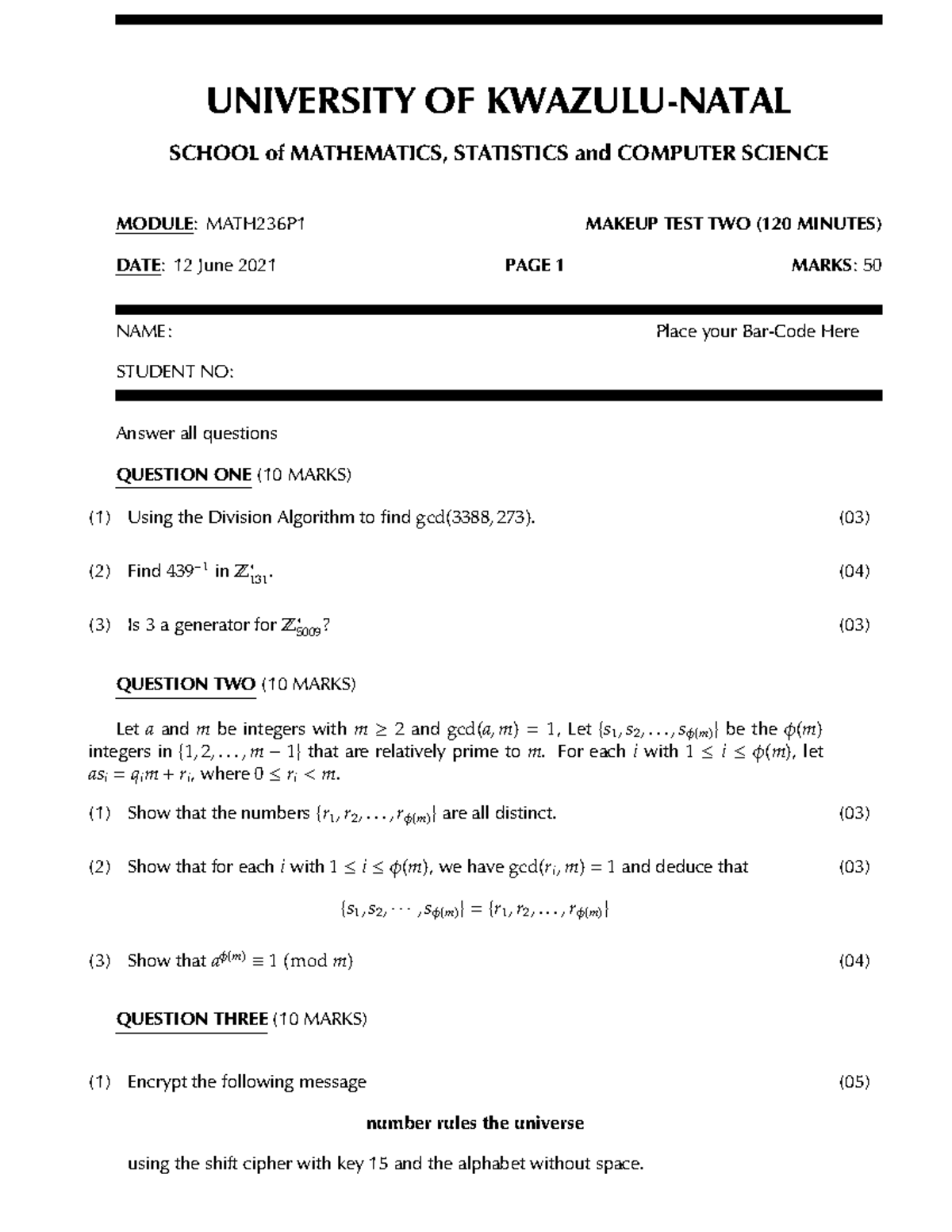 MATH236 MAKE-UP TEST TWO 2021 - UNIVERSITY OF KWAZULU-NATAL SCHOOL of ...