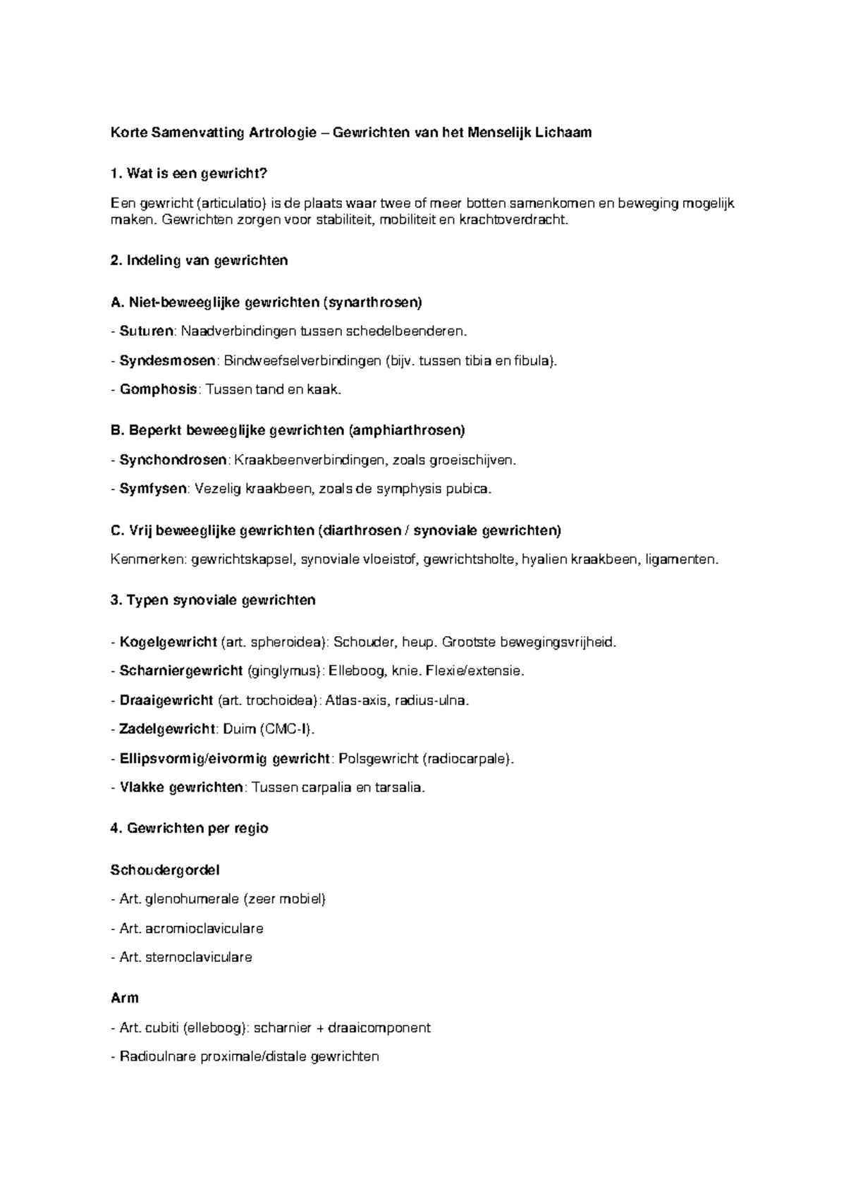 Samenvatting Gewrichten van het Menselijk Lichaam - Artrologie - Studocu