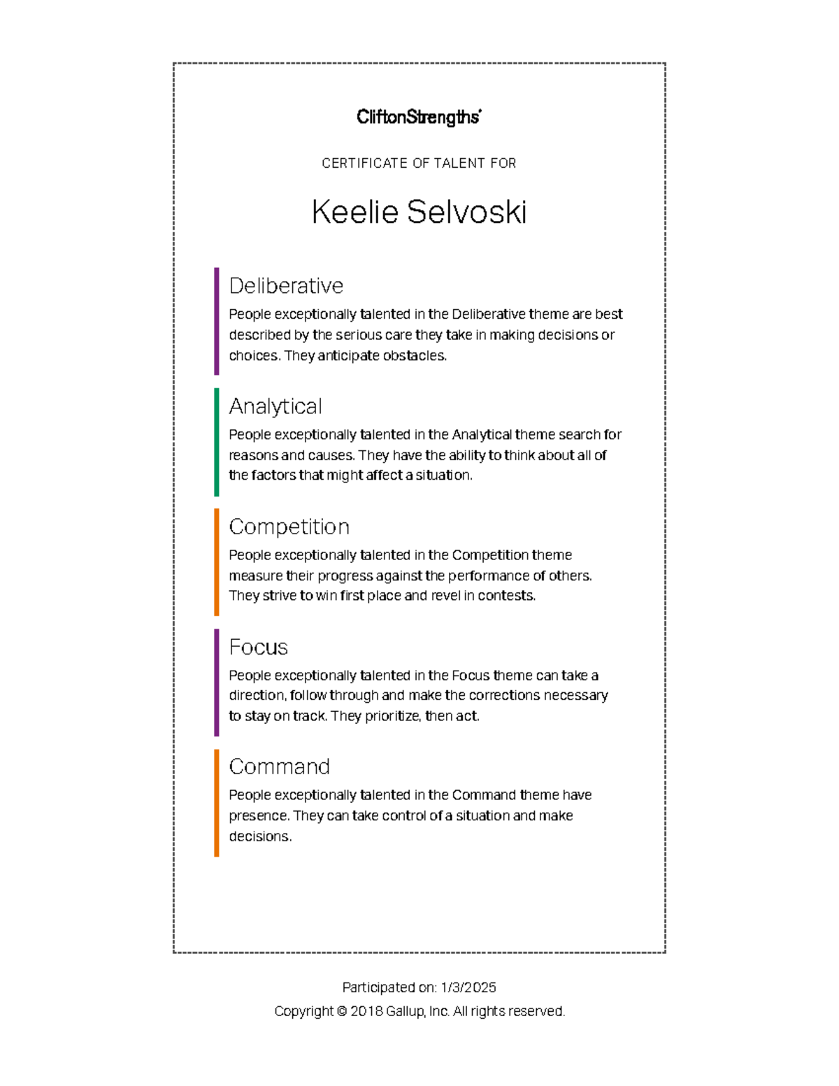 Clifton Strengths Gallup Access - CERTIFICATE OF TALENT FOR Keelie ...