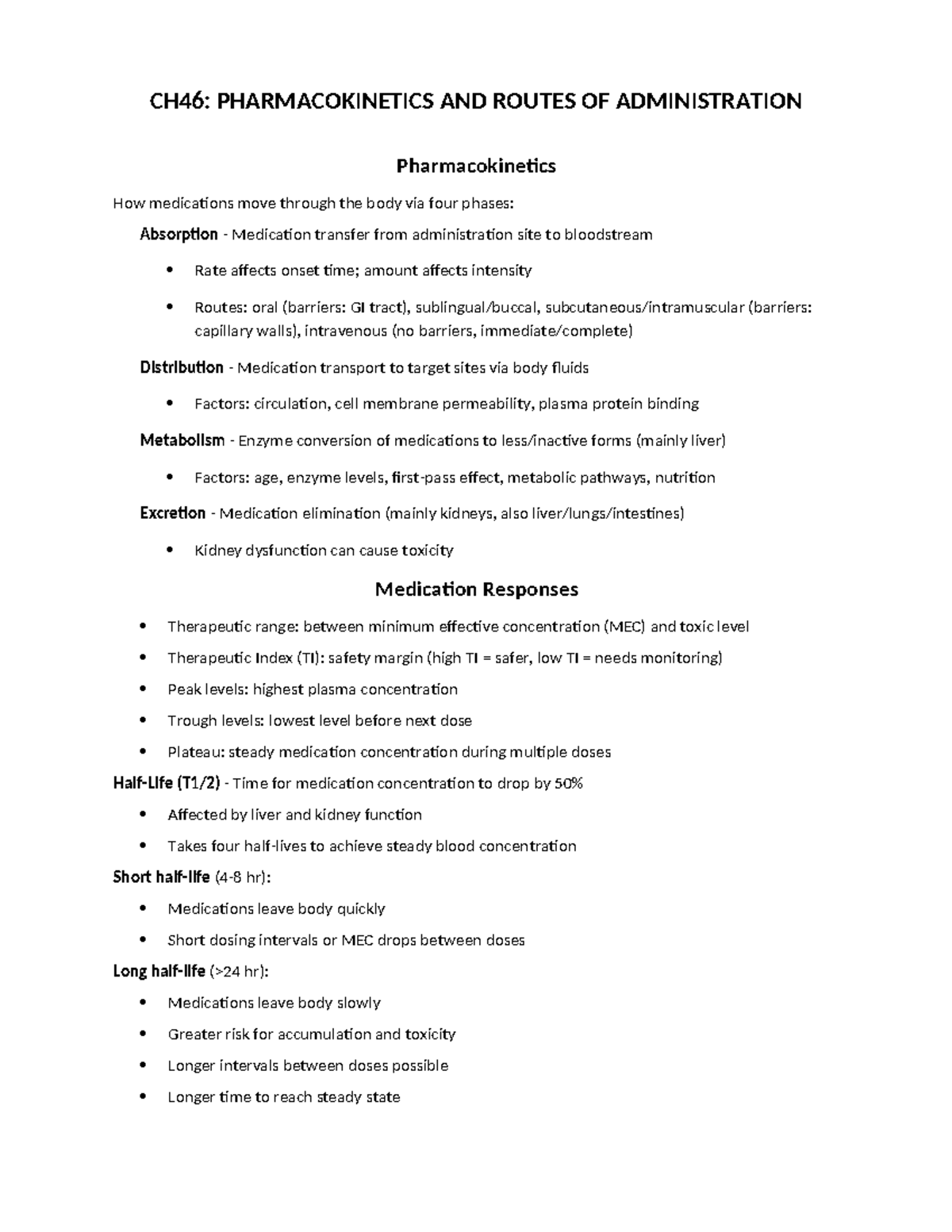 CH46 & CH47: Pharmacokinetics, Administration, & Safe Meds Notes - Studocu