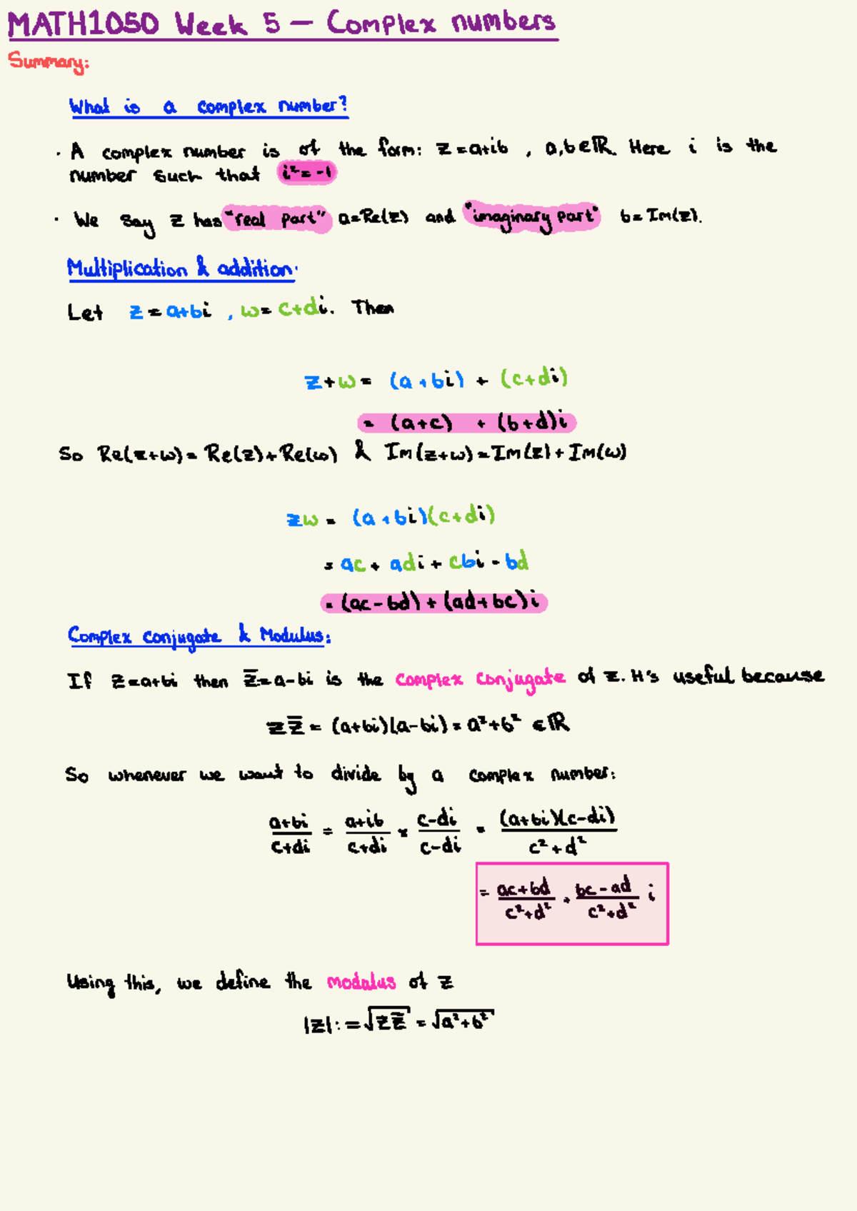 MATH1OSO Week 5 Summary: Understanding Complex Numbers and Their Properties - Studocu