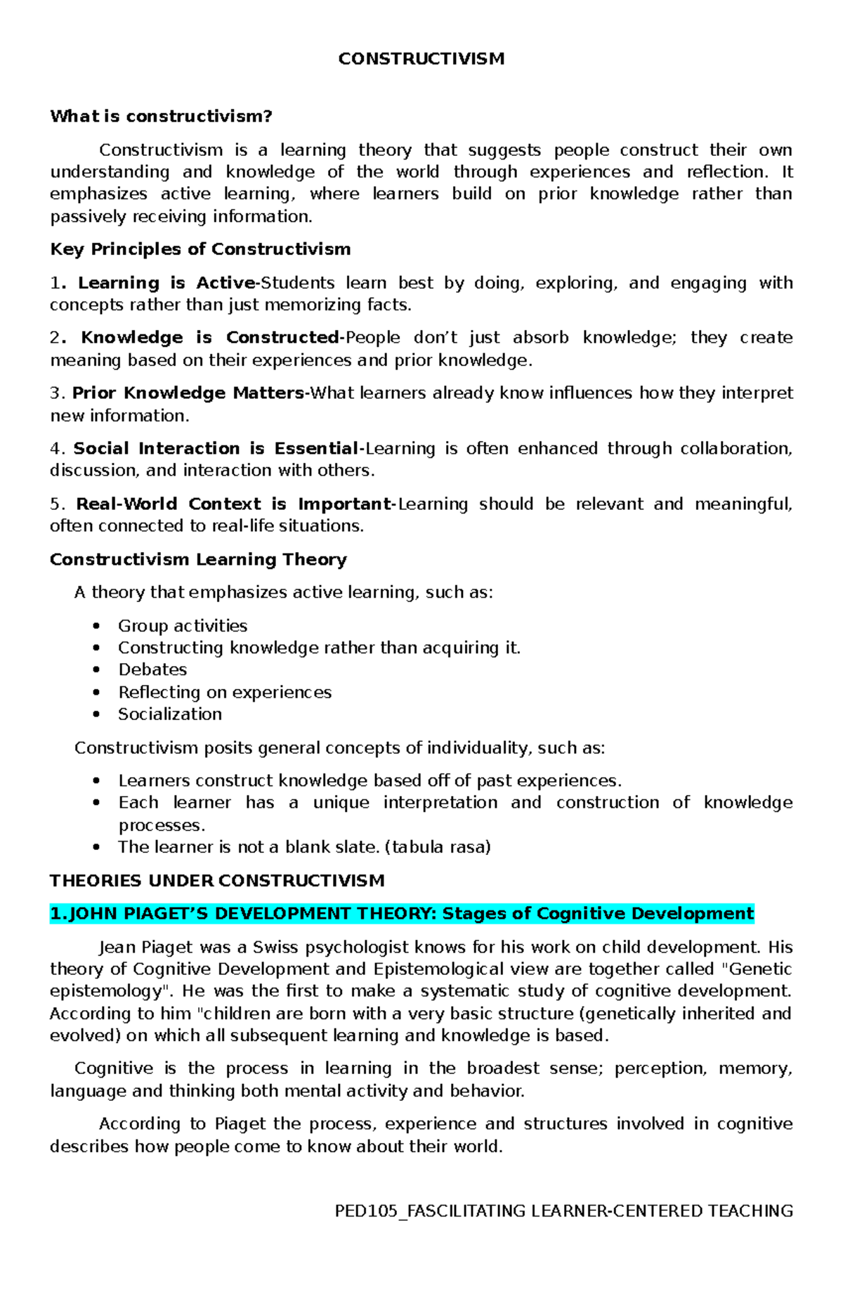PED-105 Overview of Constructivism in Education and Learning Theories - Studocu