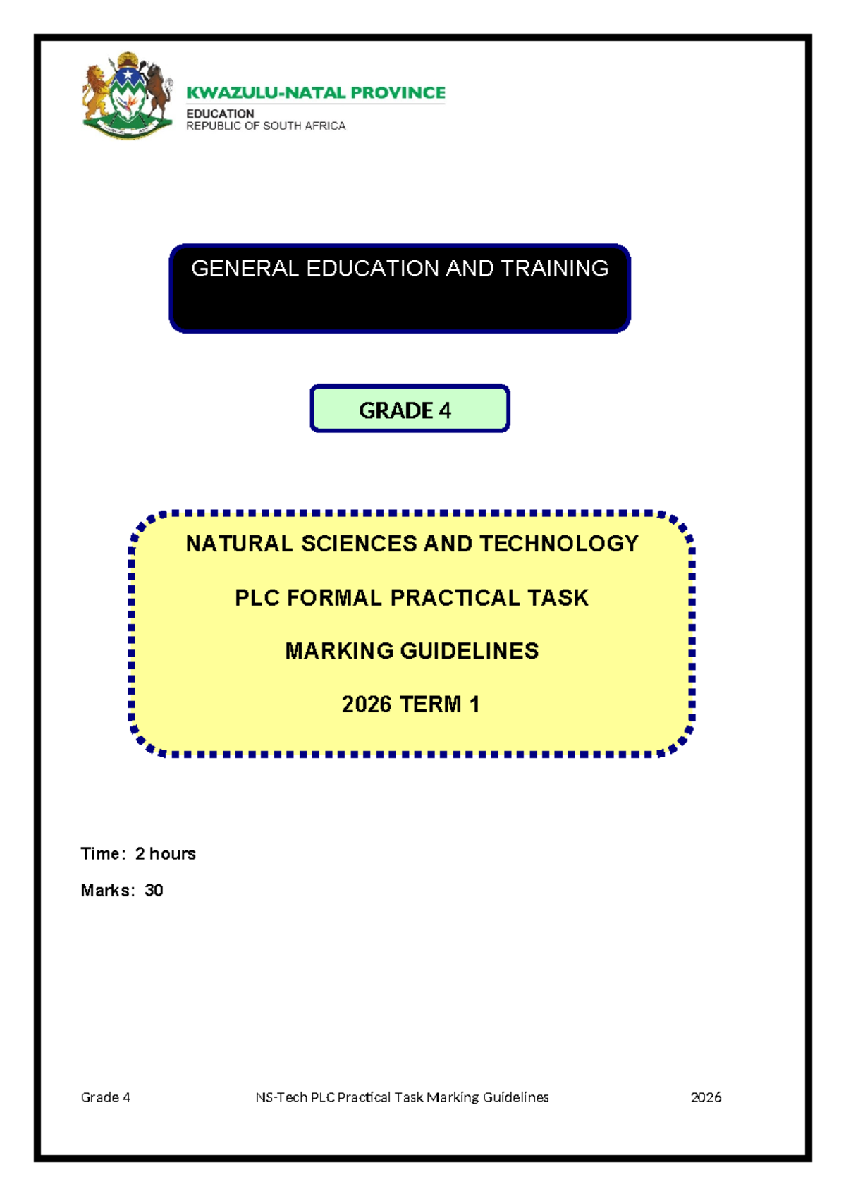 NS-Tech Grade 4 PLC Formal Practical Task Marking Guidelines 2026 - Studocu