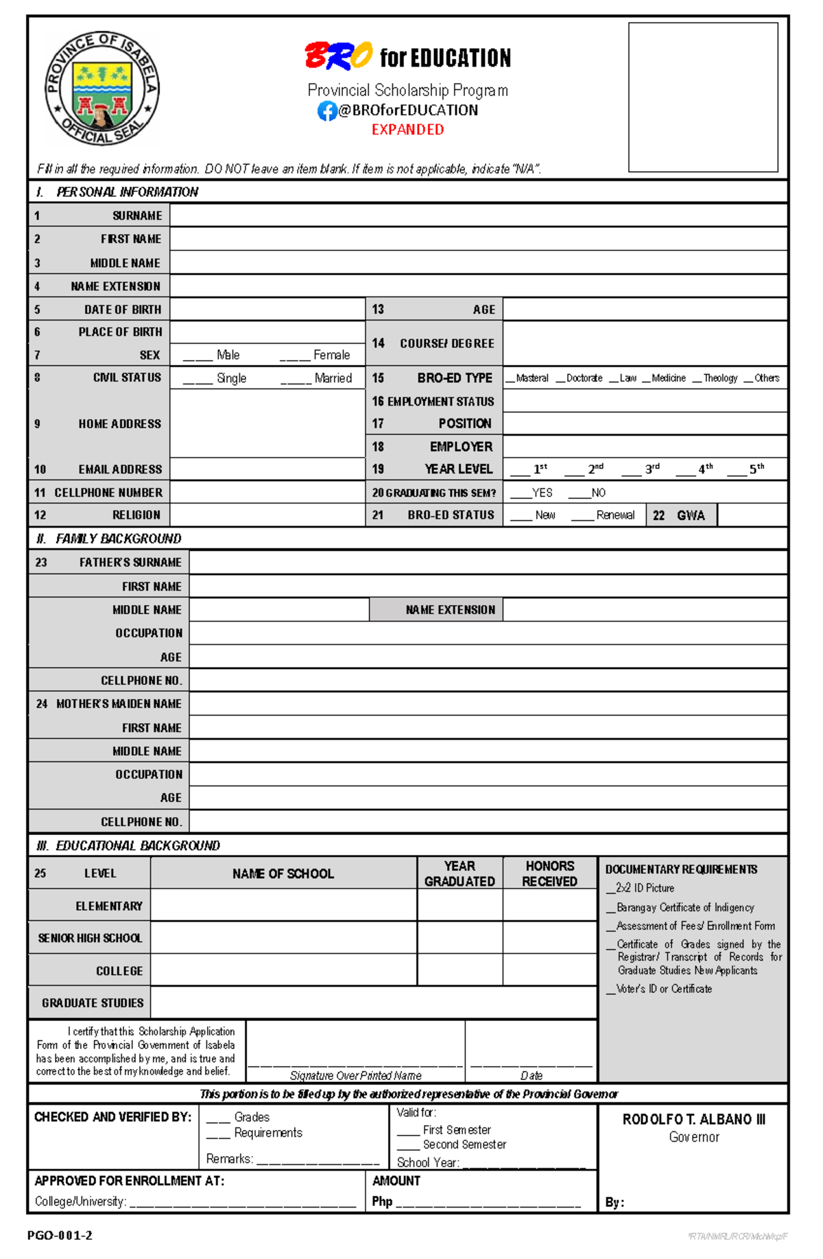 Provincial Scholarship Program Application Form - BRO for EDUCATION ...