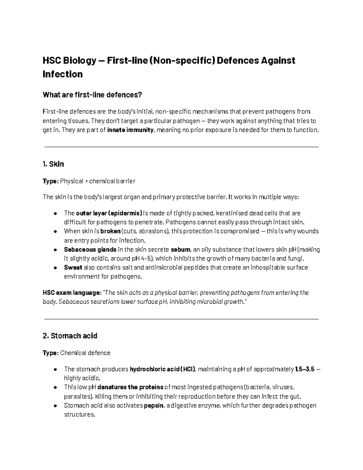 HSC Biology Final Exam: First-line Defences Against Infection - Studocu