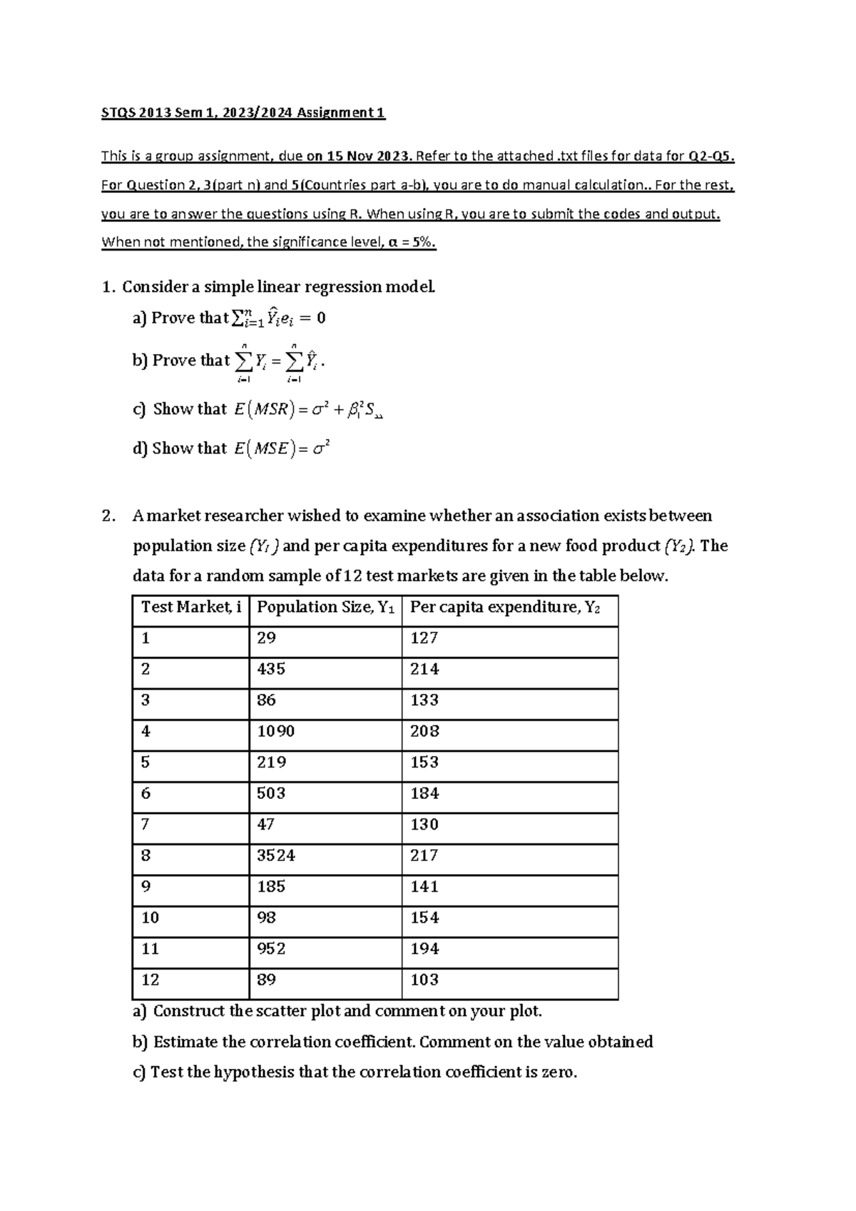 ASSIGNMENT 1 2023/2024 - STQS 2013 Sem 1, 2023/2024 Assignment 1 This ...