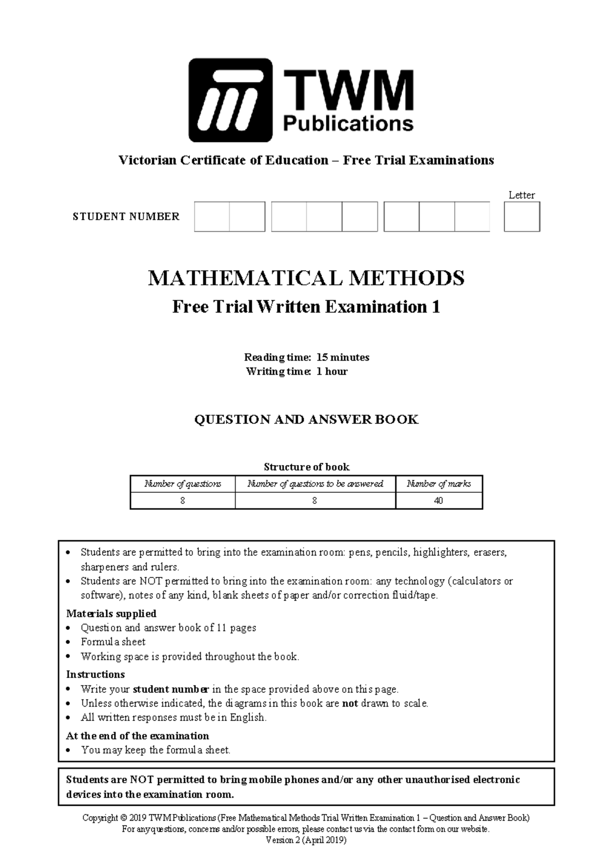 VCE Mathematical Methods Free Trial Exam 1 - 2019 Edition - Studocu