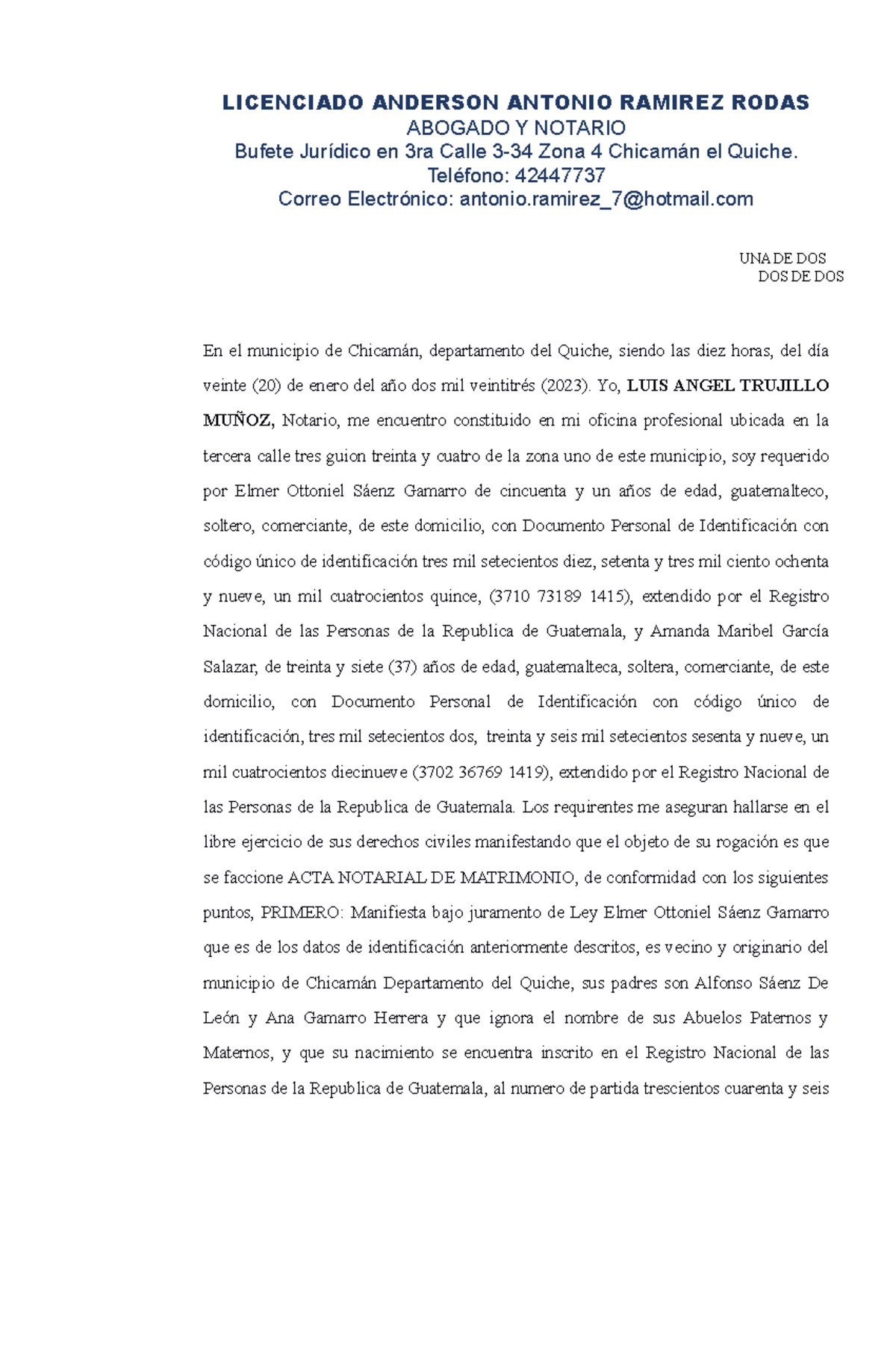 ACTA NOTARIAL DE MATRIMONIO DE AMANDA Y ELMER - 2023 - Studocu