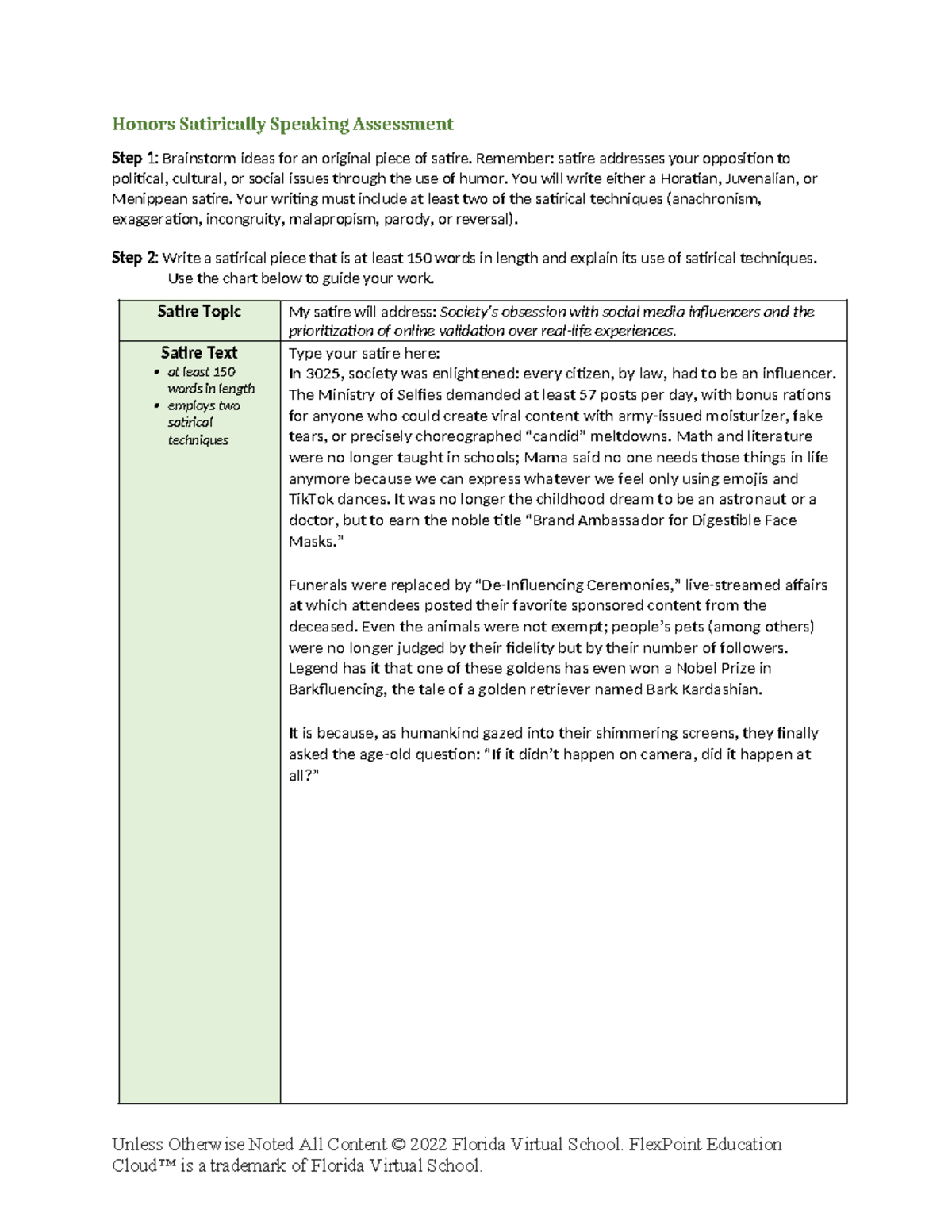Honors Satirical Speaking Assessment: Crafting Satire in 3025 - Studocu
