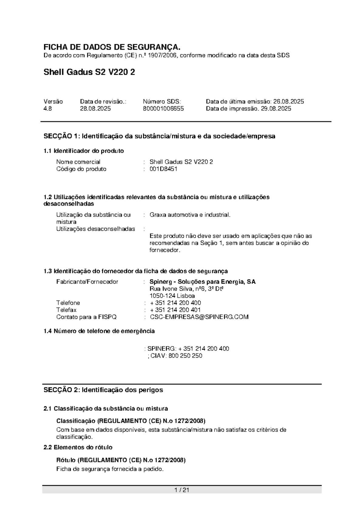 Ficha de Dados de Segurança - Shell Gadus S2 V220 2 (SDS) - Studocu