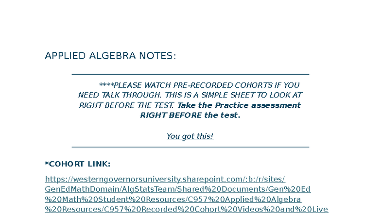 APPLIED ALGEBRA PRE-TEST NOTES: KEY CONCEPTS & TIPS - Studocu