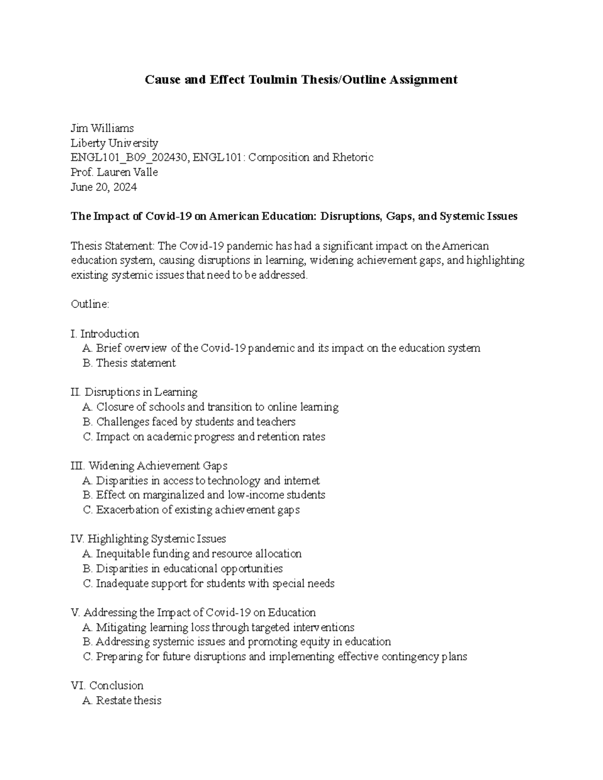 ENGL101_B09_202430: Cause and Effect Toulmin Outline on Covid-19 ...