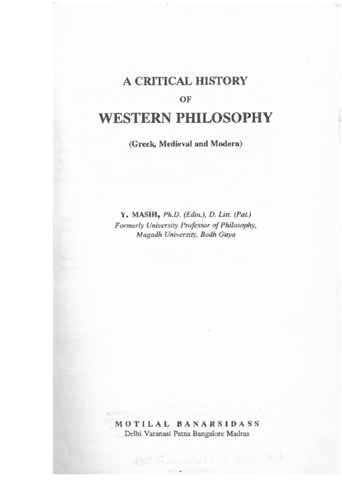 A Critical History of Western Philosophy (1993) by Y. Masih - Studocu