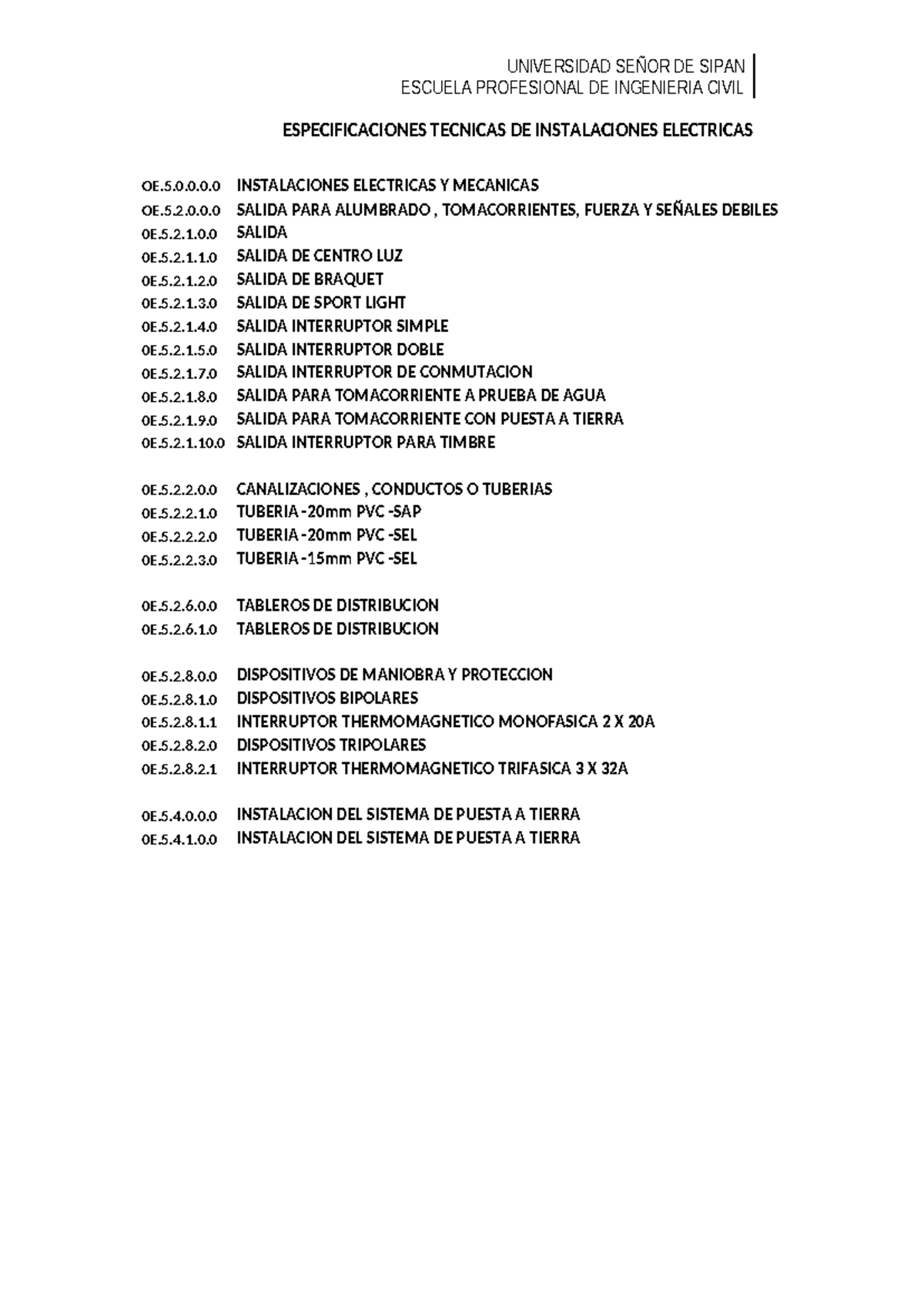 Especificaciones Técnicas de Instalaciones Eléctricas - OE.5.2.0.0.0 - Studocu