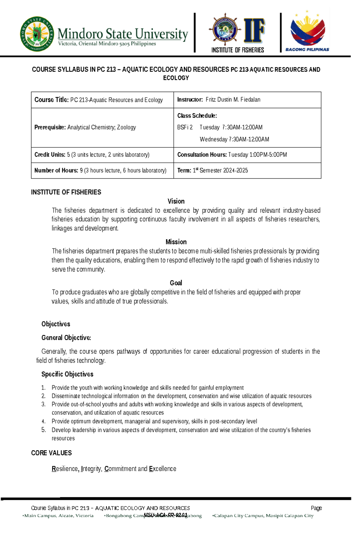 PC 213 Syllabus: Aquatic Ecology and Resources Course Overview - Studocu