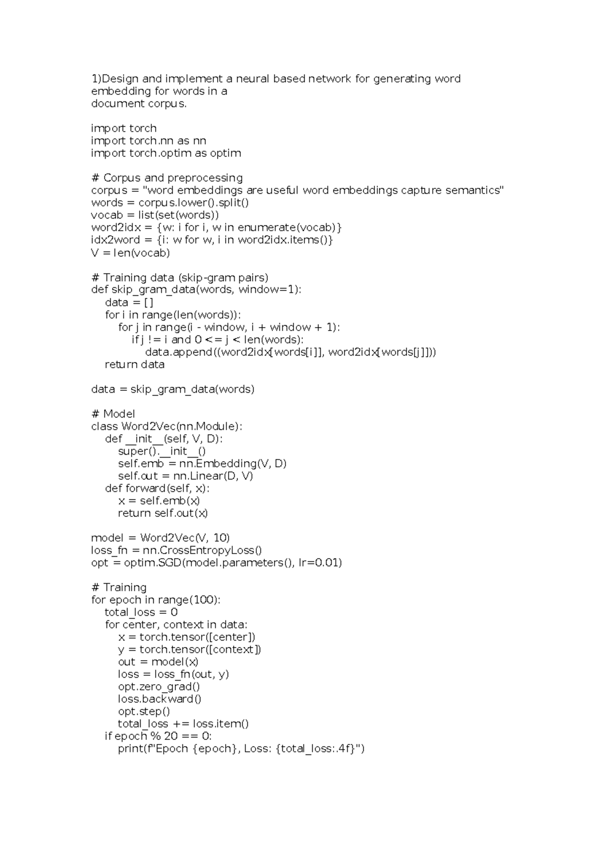 DL RL Program 1: Neural Network for Word Embedding Generation - Studocu