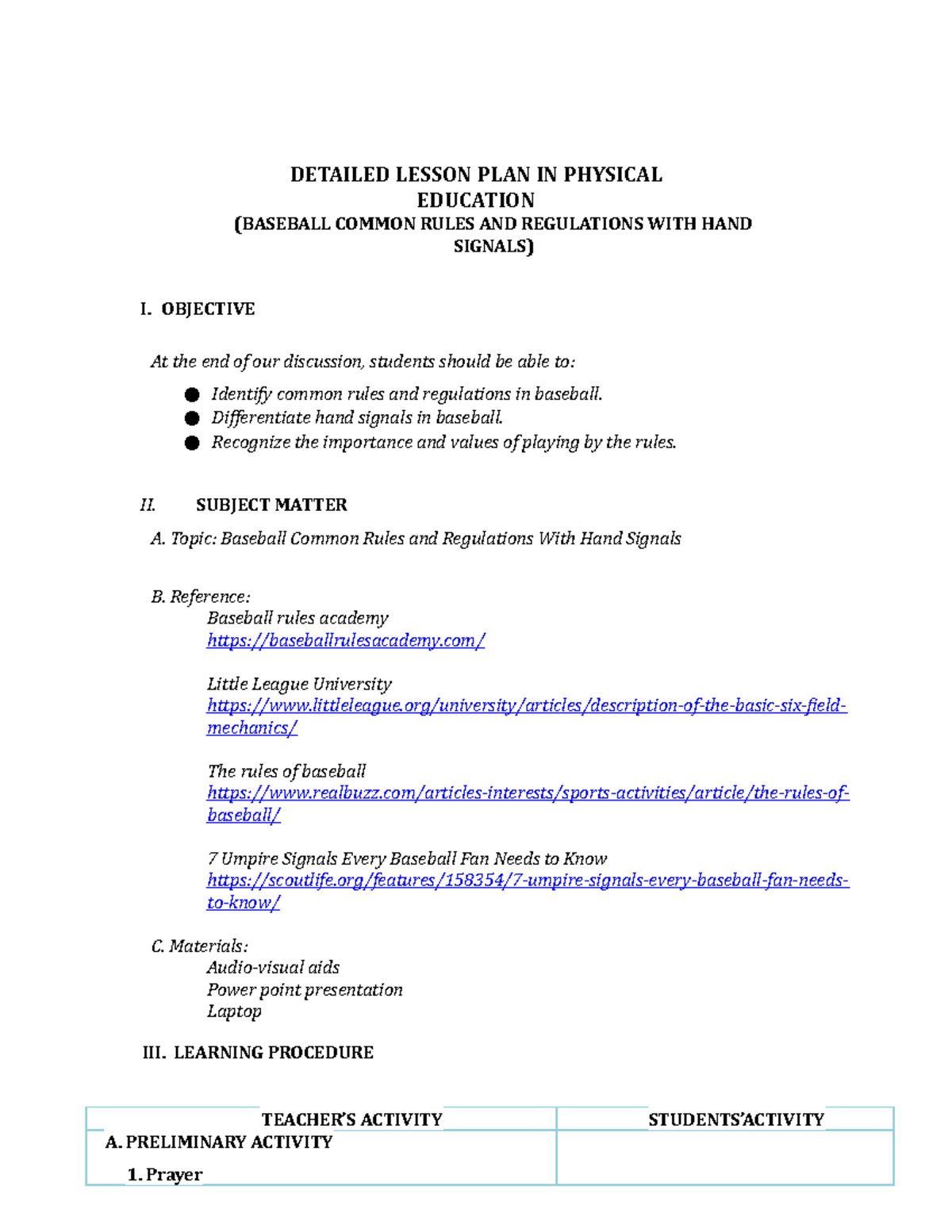 Detailed Lesson Plan: Baseball Rules & Hand Signals (BPEd 3B) - Studocu
