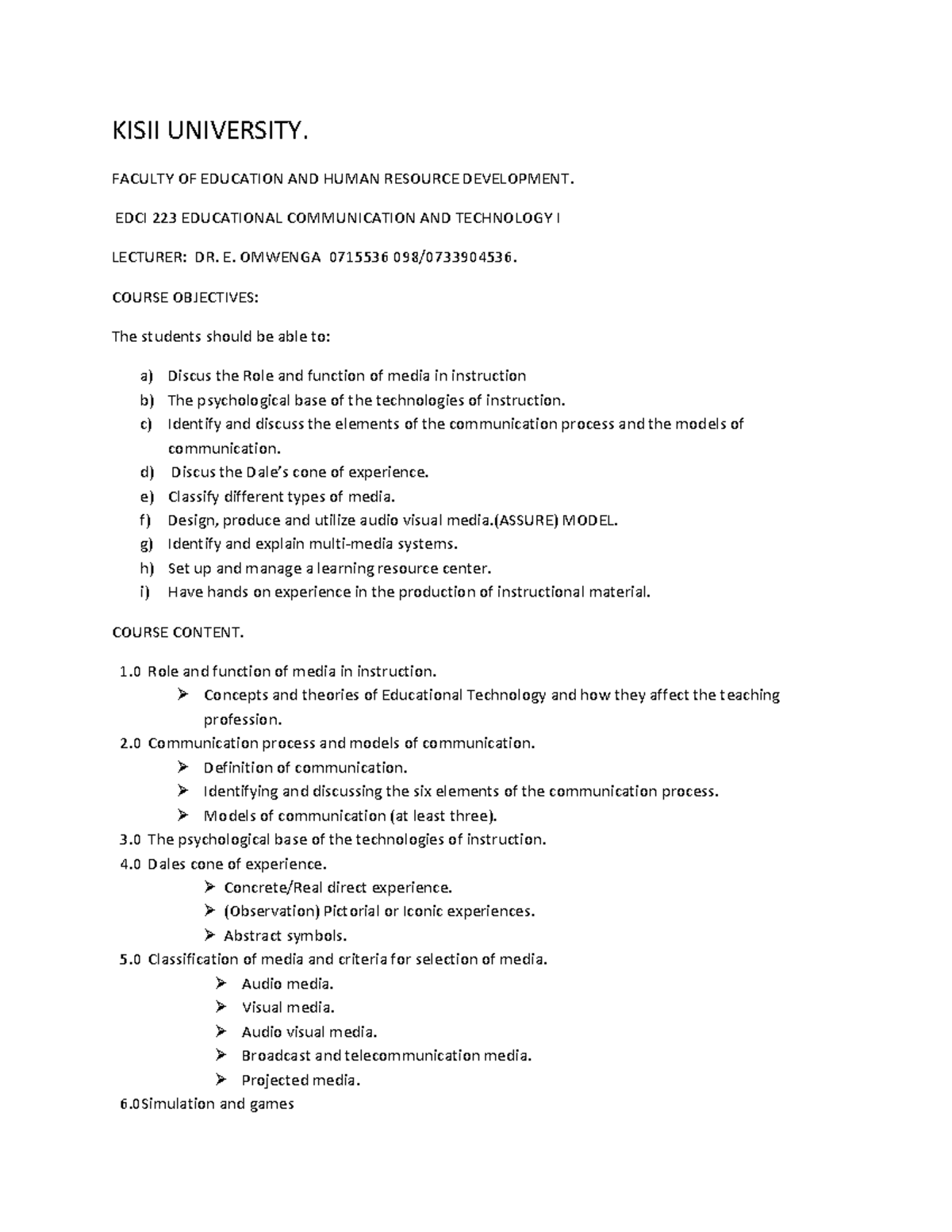 EDCI 223 Course Outline: Educational Communication & Technology - Studocu