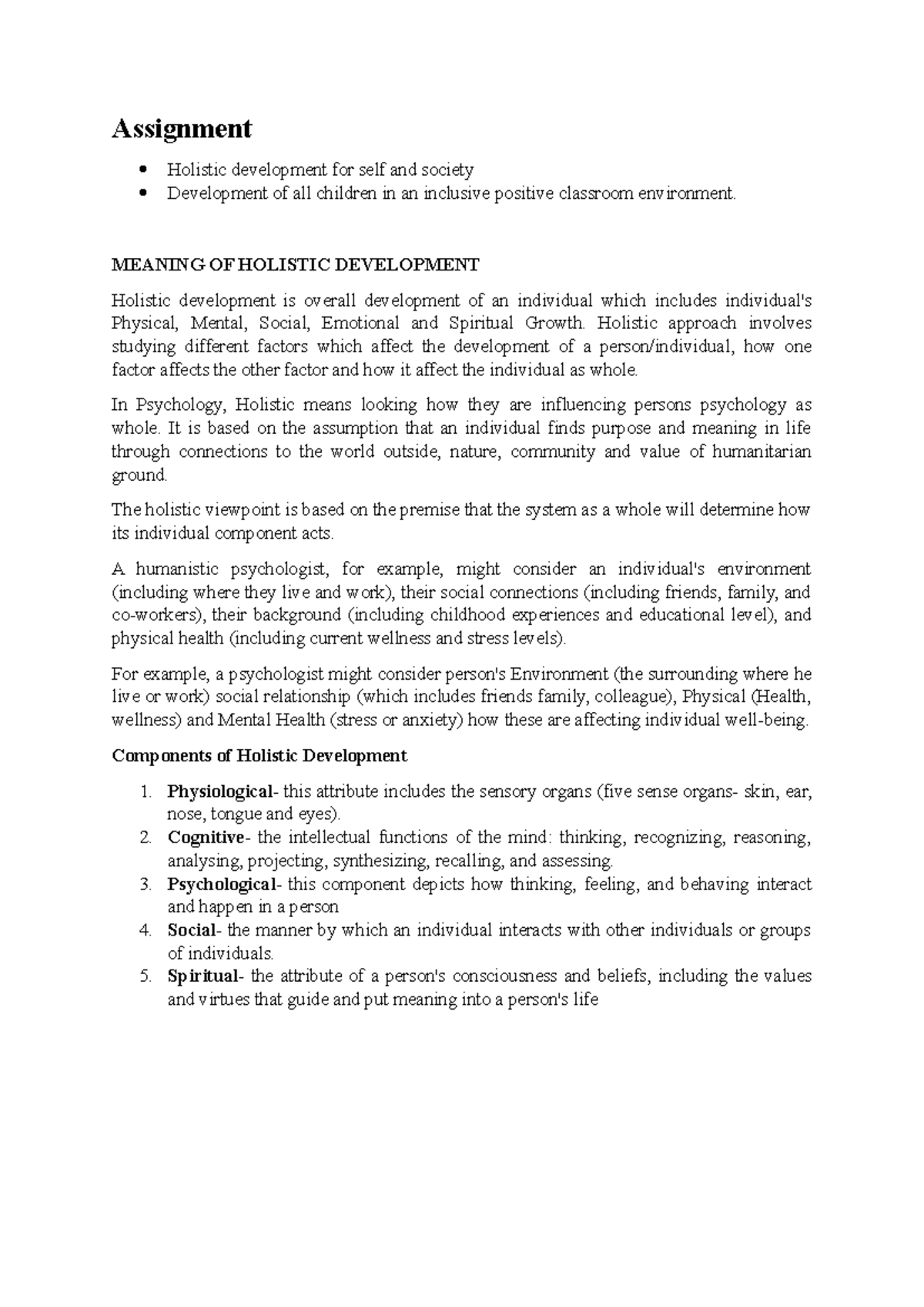 Assignment: Holistic Development in Inclusive Classrooms (B.Ed) - Studocu