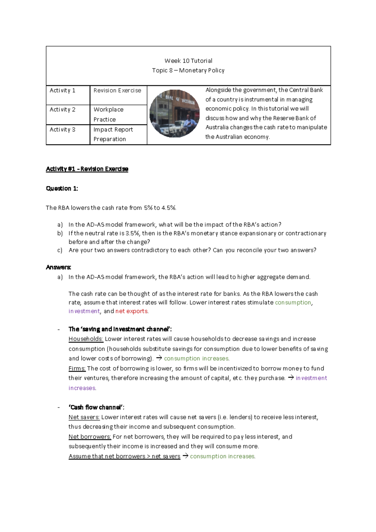 Topic 8 Monetary Policy - Week 10 Tutorial Topic 8 – Monetary Policy Activity 1 Revision ...