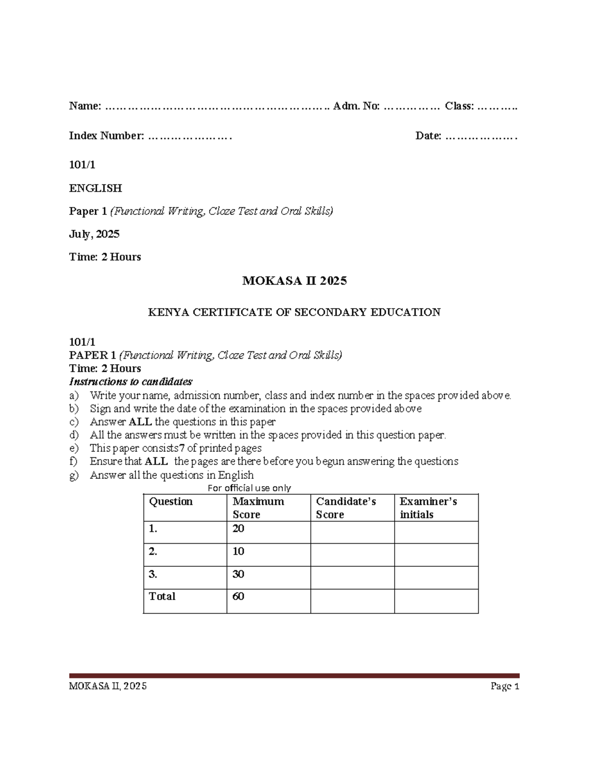 English P1 Questions: MOKASA II 2025 (Functional Writing, Cloze Test ...