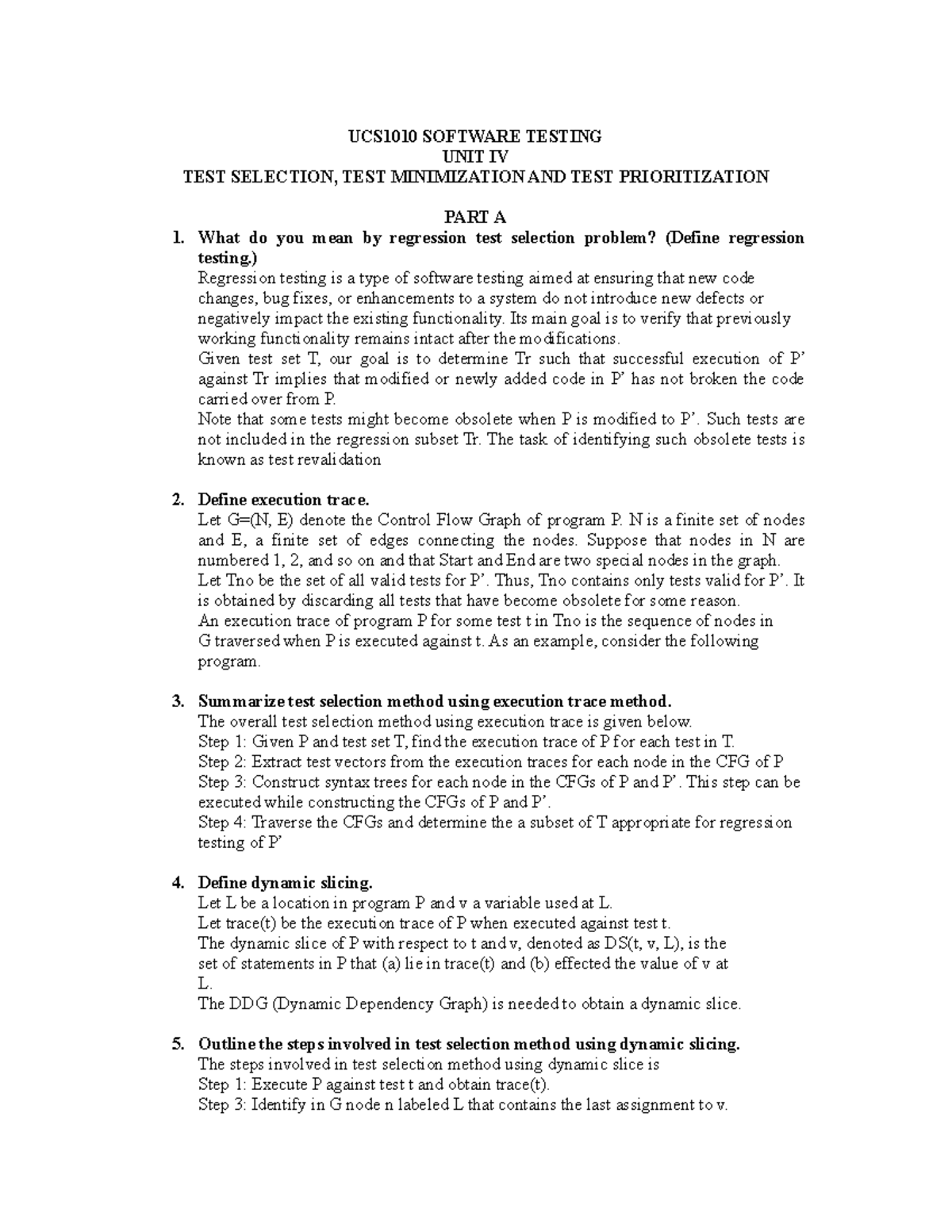 UCS1010 Software Testing Unit IV Question Bank with Answers - Studocu