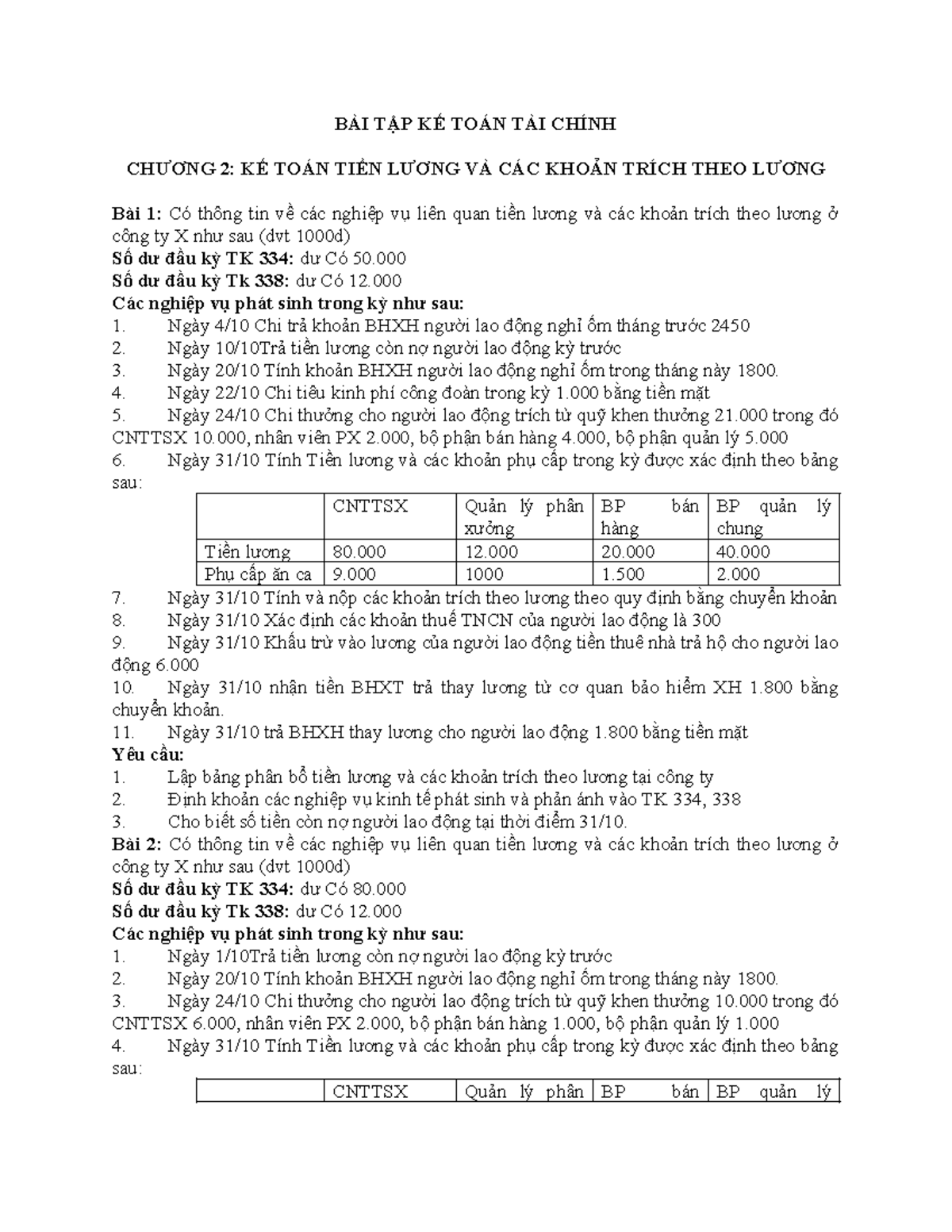 BÀI TẬP KẾ TOÁN TÀI CHÍNH CHƯƠNG 2: TIỀN LƯƠNG VÀ TRÍCH THEO LƯƠNG ...