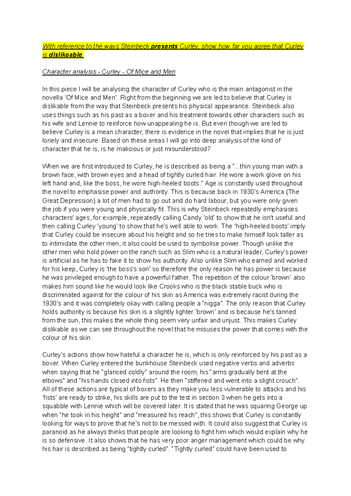 Character Analysis of Curley in Steinbeck’s 'Of Mice and Men' - Studocu