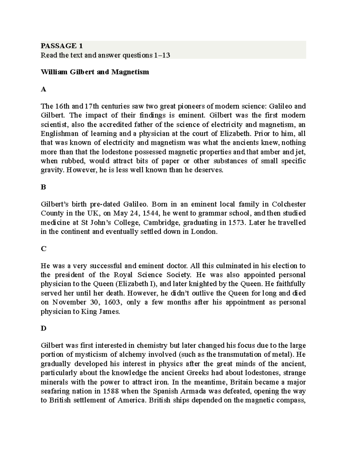 VOL 8 TEST 7 - William Gilbert and Magnetism Analysis - Studocu