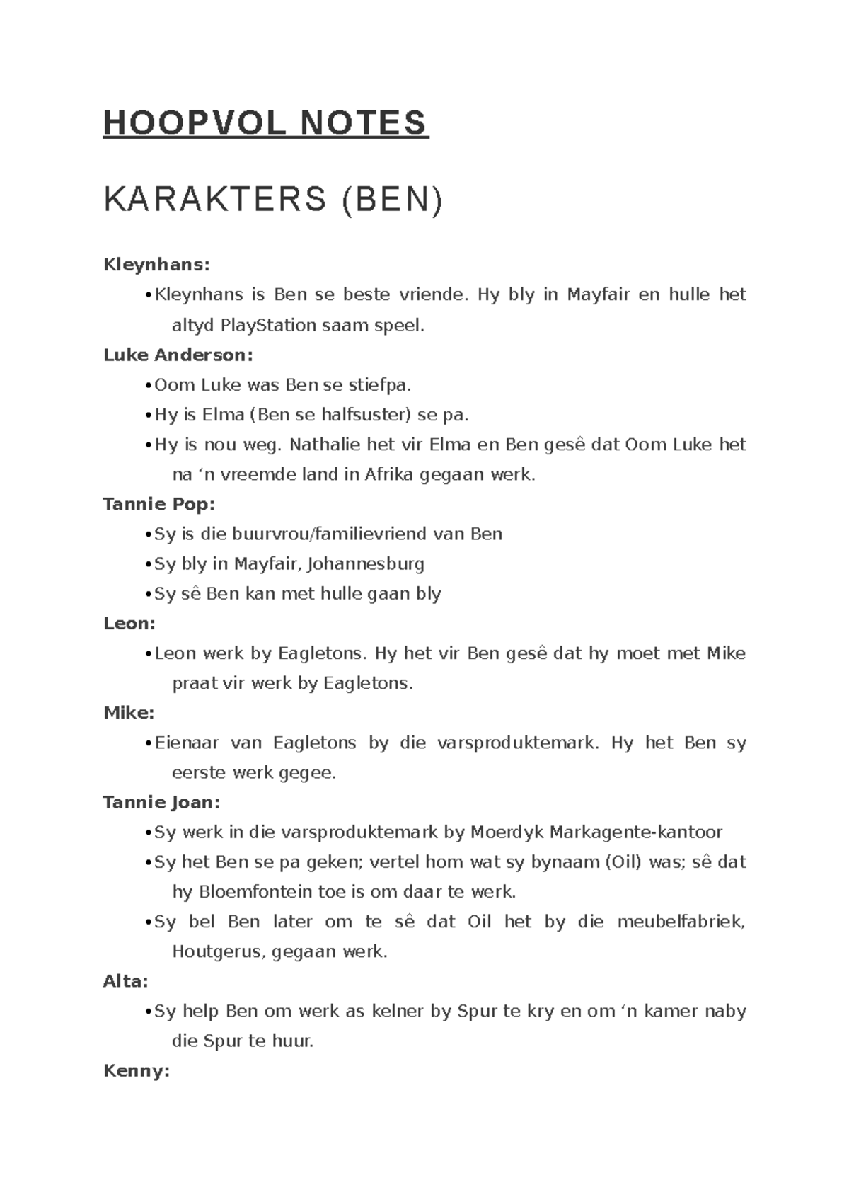 Hoopvol Karakters Notas - Graad 12 Samenvatting - Studocu