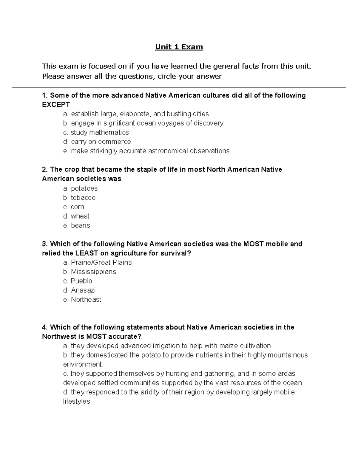Unit 1 MPQ Exam: Native American Societies & Exploration - Studocu