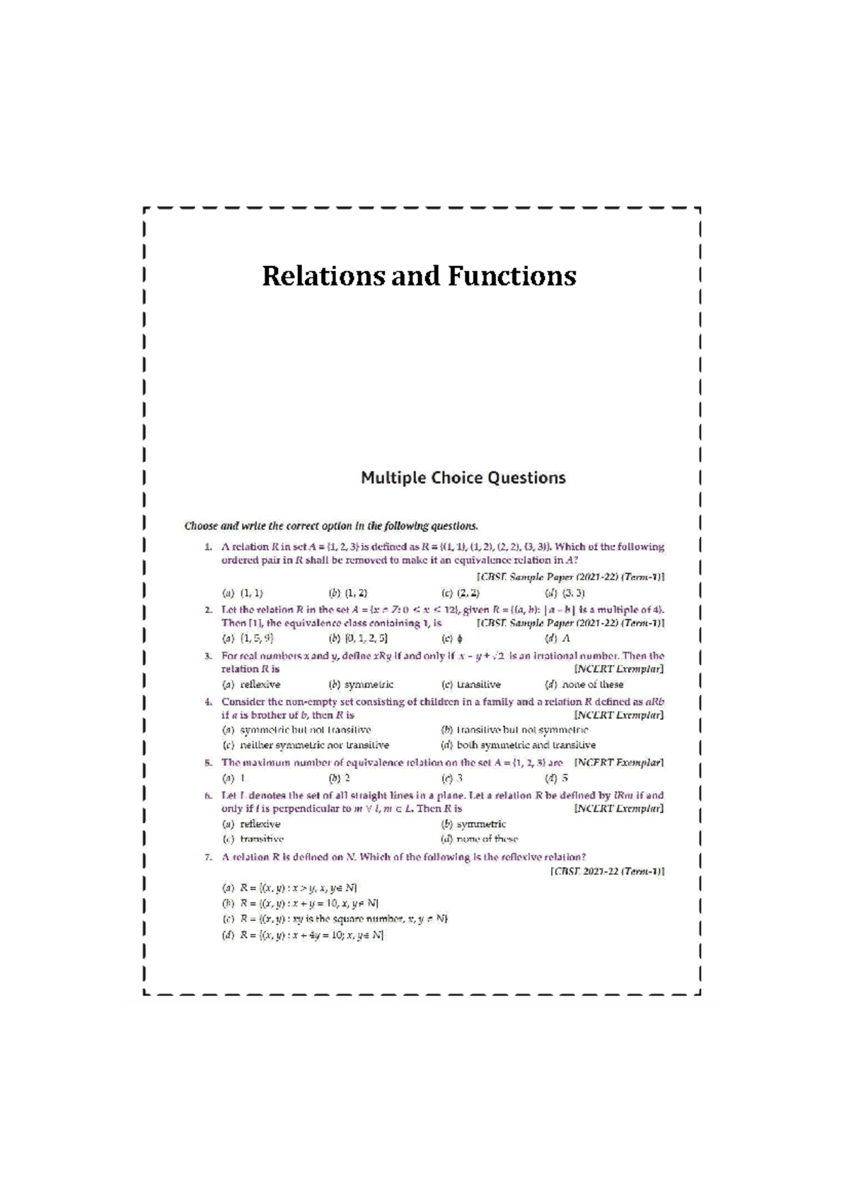 Relations and Functions MCQ Sample Paper (Course Code: 2023) - Studocu