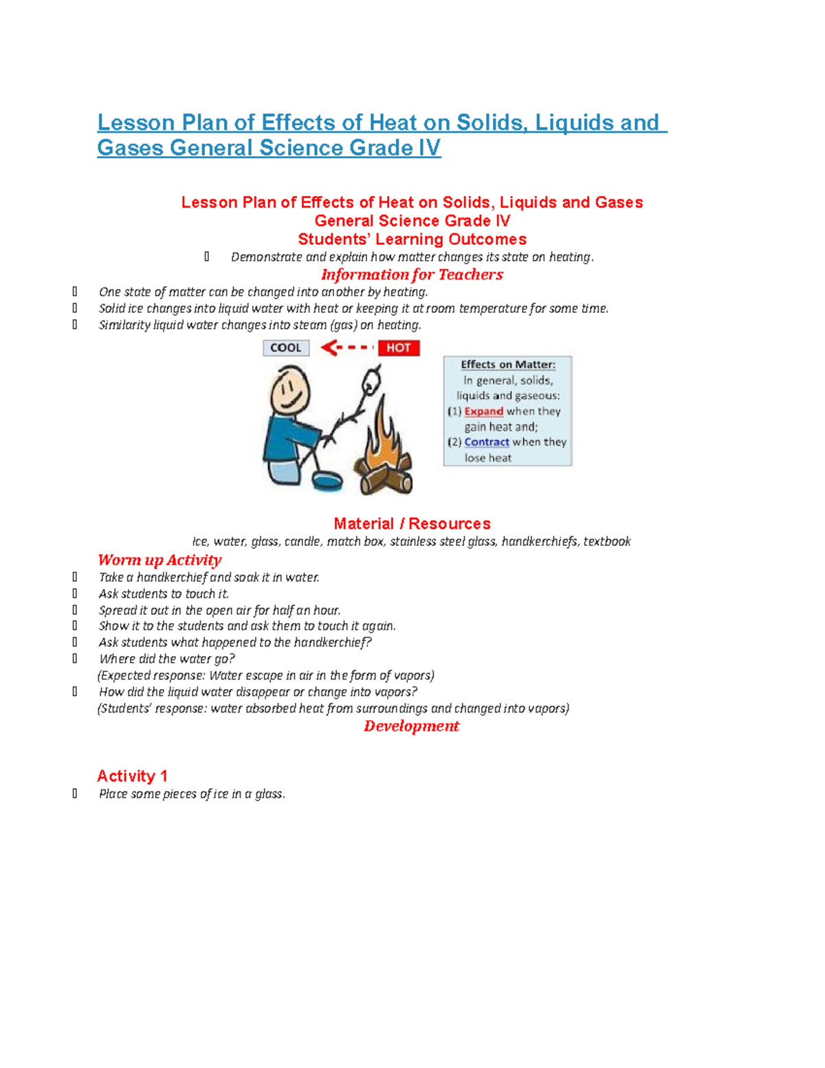 Grade IV General Science Lesson Plan: Effects of Heat on Matter - Studocu