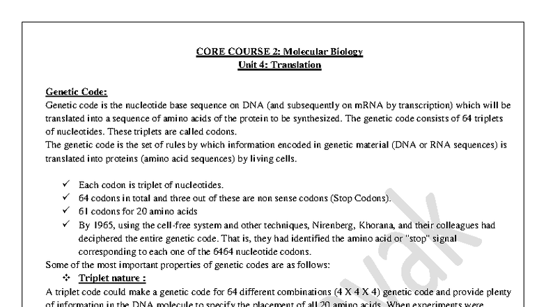CORE COURSE 2: Molecular Biology Unit 4 - Translation Overview - Studocu