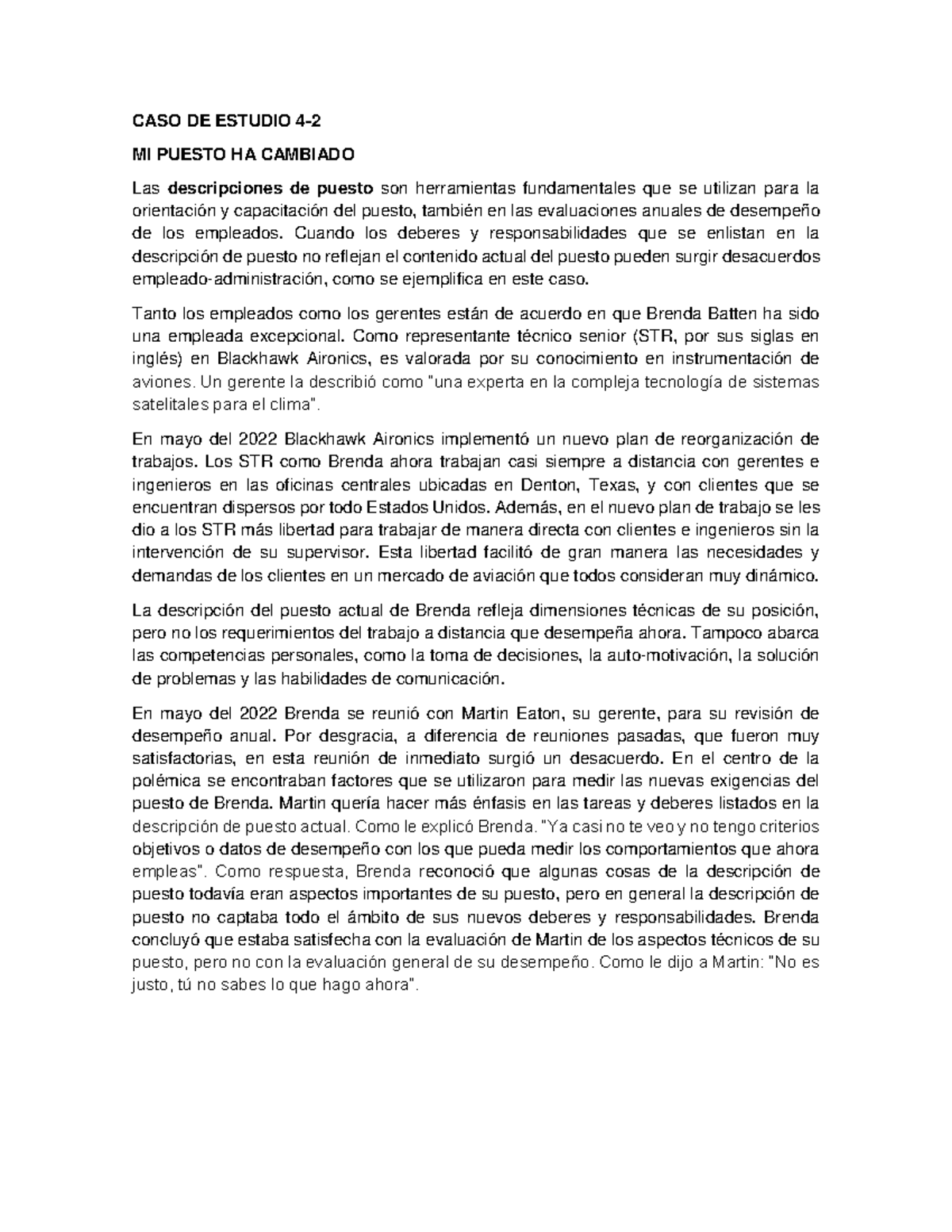 Caso de Estudio 4-2: Cambios en la Descripción de Puesto de Brenda ...