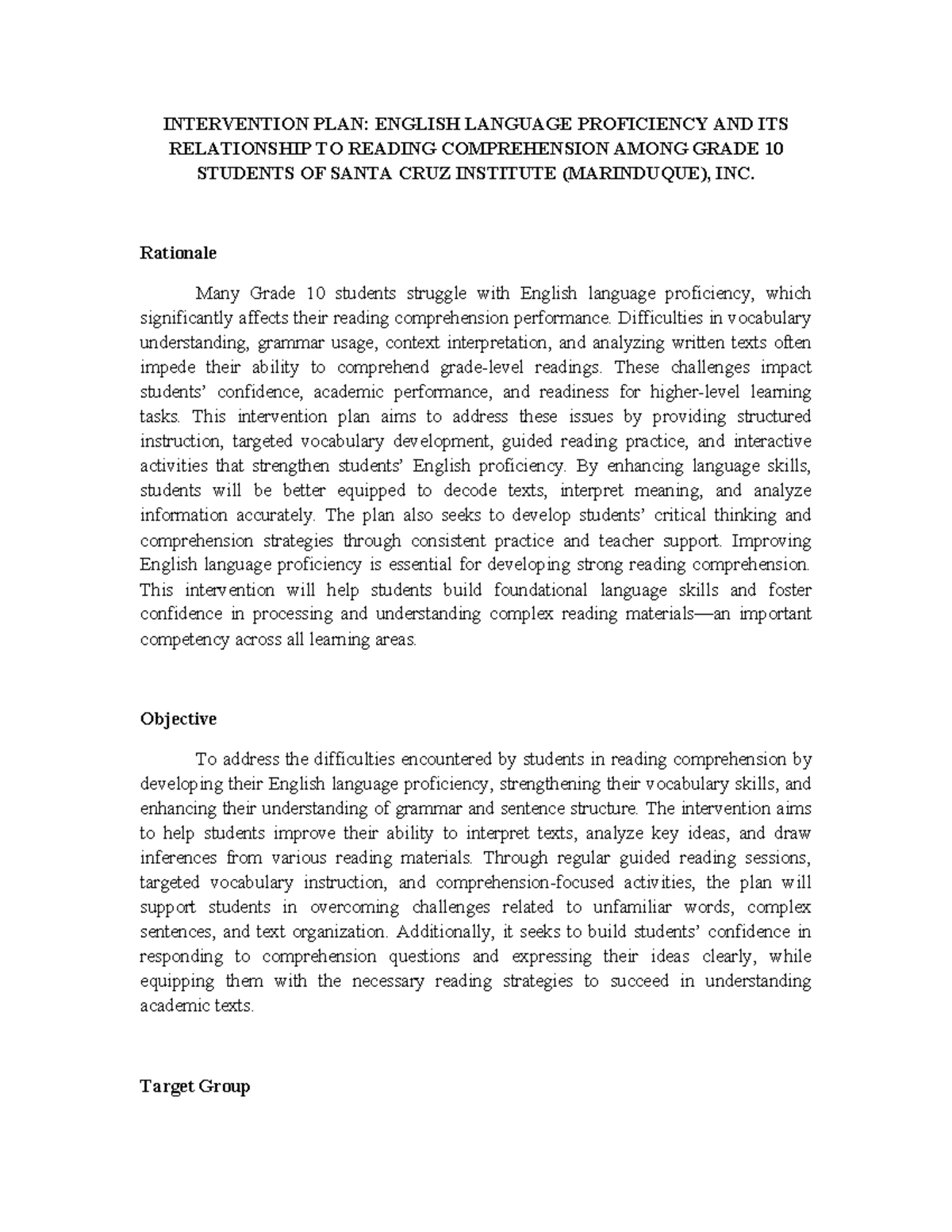 Intervention Plan: Enhancing English Proficiency & Reading ...