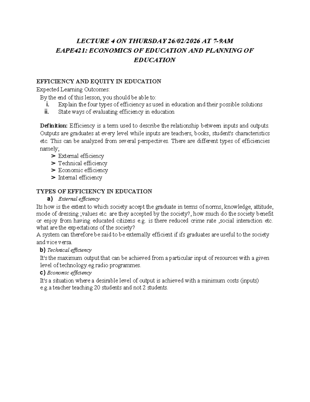 LECTURE 4: ECONOMICS OF EDUCATION EAPE421 - EFFICIENCY & EQUITY - Studocu