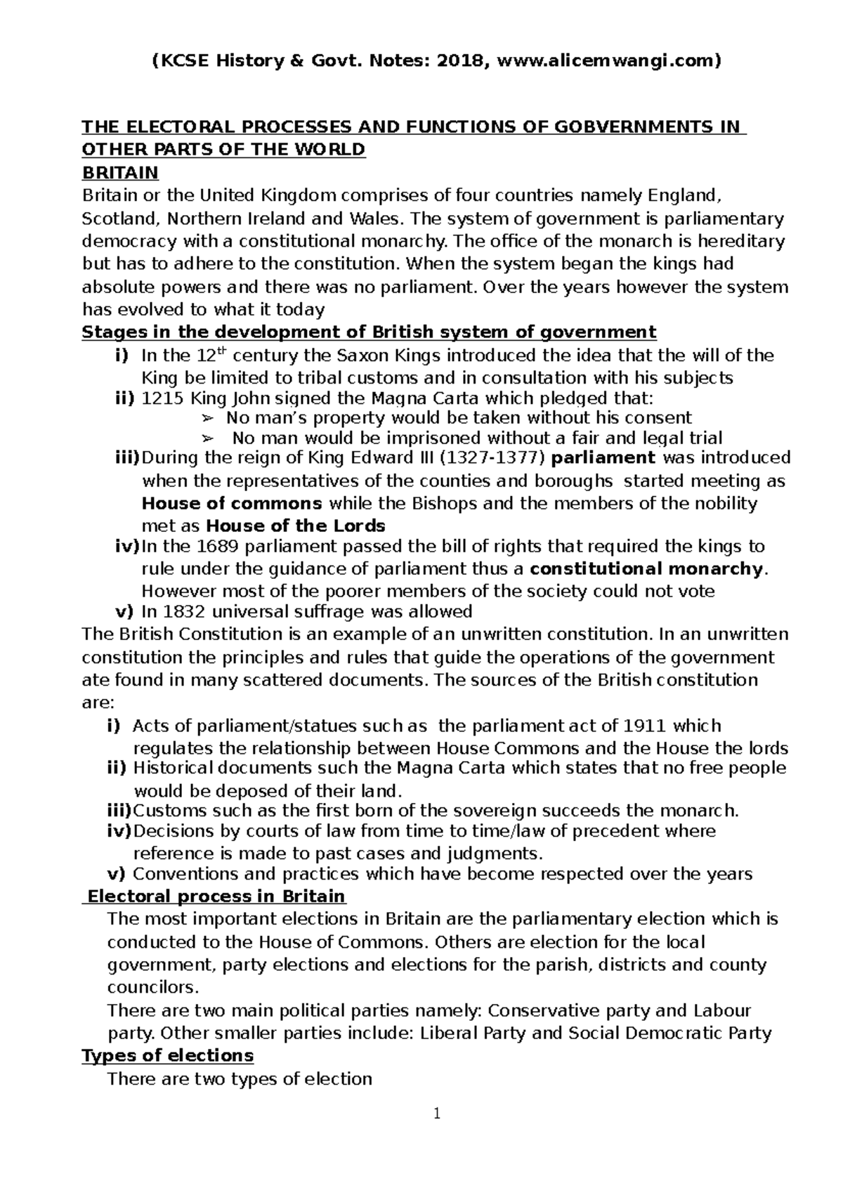 KCSE History Govt. Notes: Electoral Processes & Functions of ...