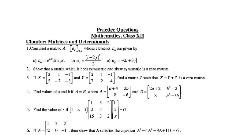 Mathematics Class XII Practice Questions: Matrices & Determinants - Studocu