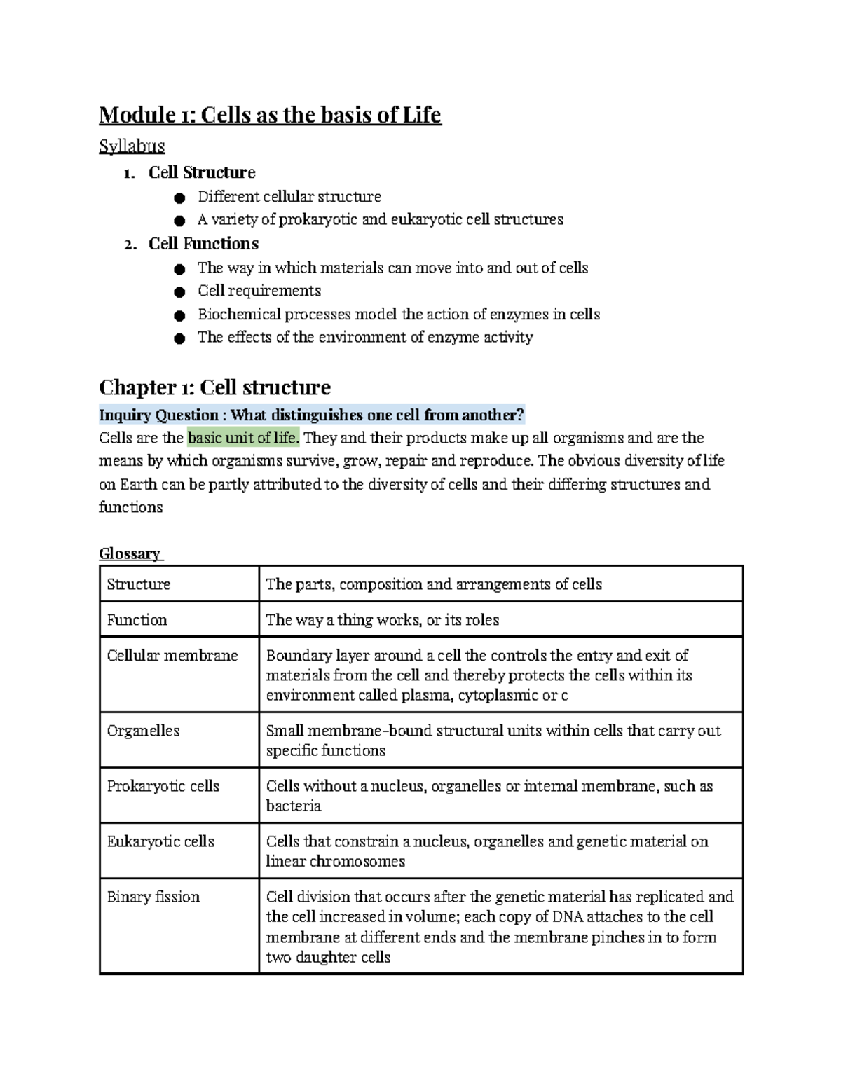 Module 1: Cells as the Basis of Life - Syllabus Overview and Key ...